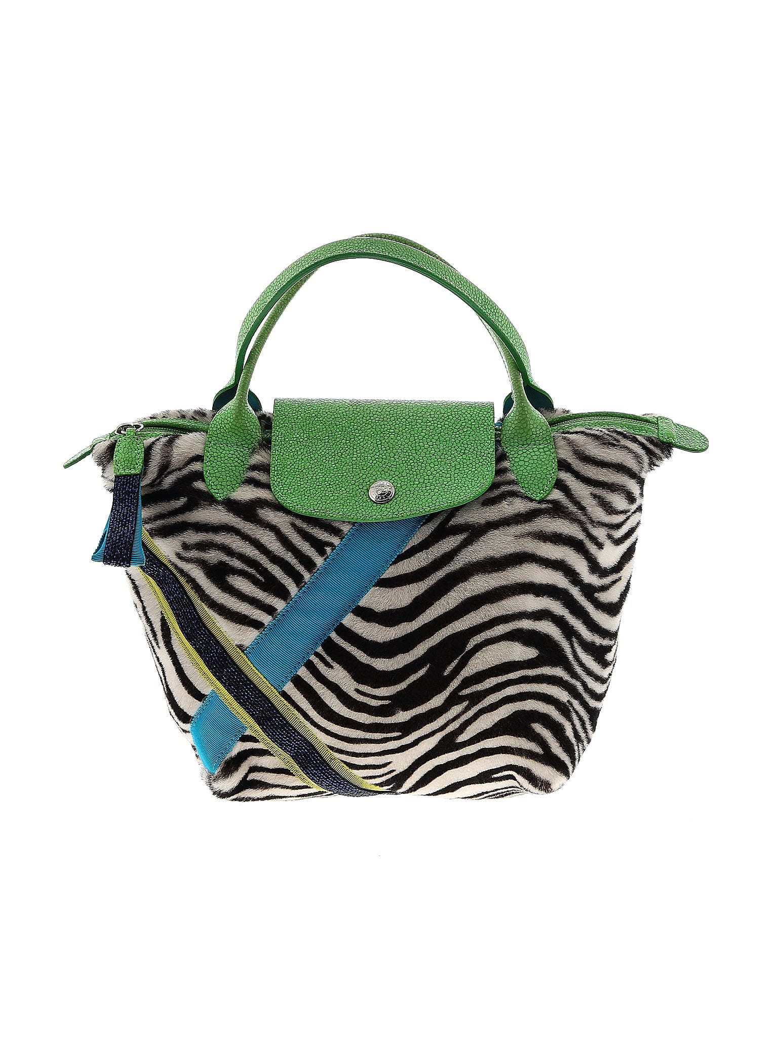 Longchamp Green Rare Limited Edition Zebra Print Leather Trim Tote Bag ...