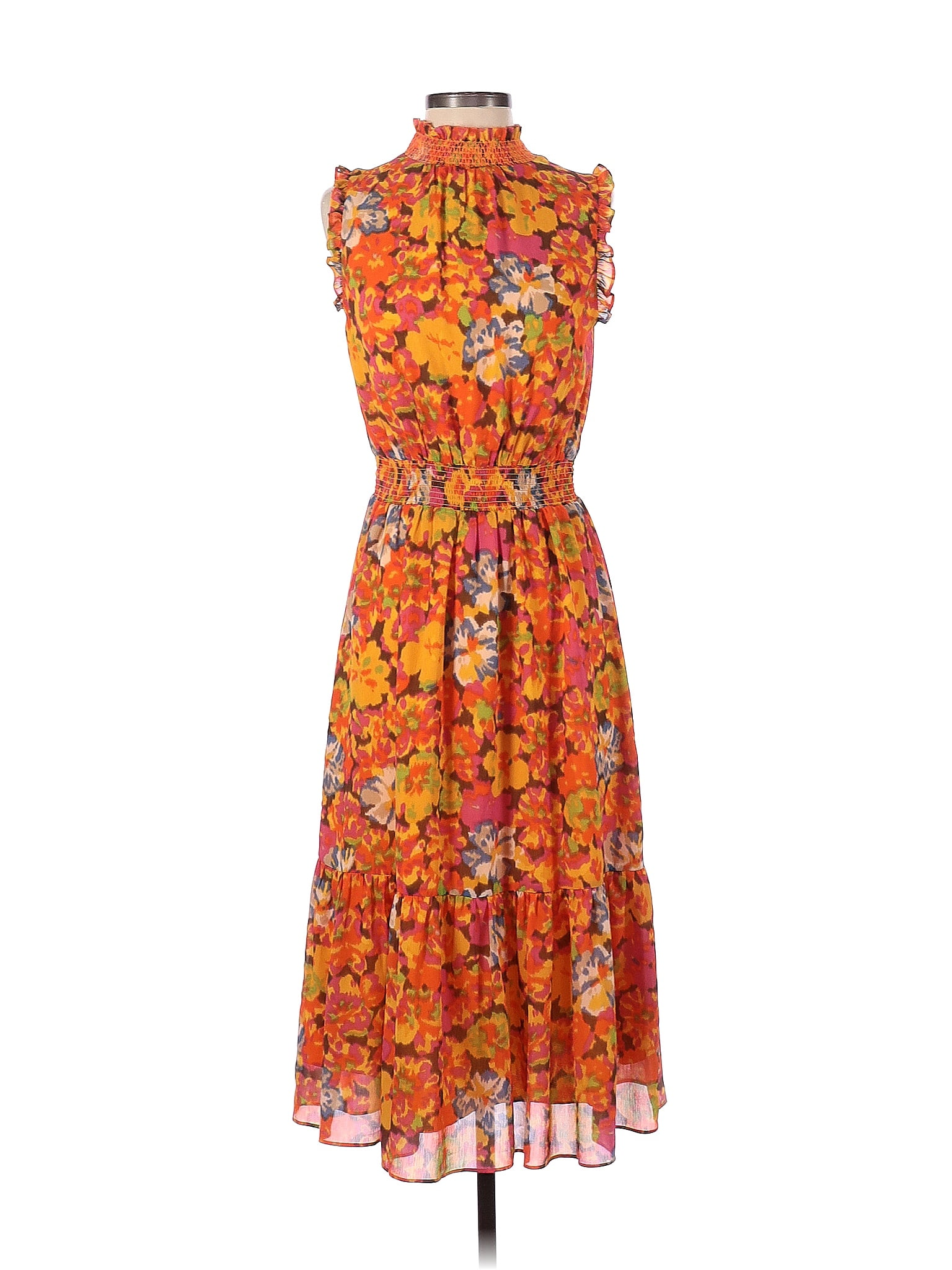 J Crew 100 Polyester Floral Multi Color Orange Casual Dress Size S