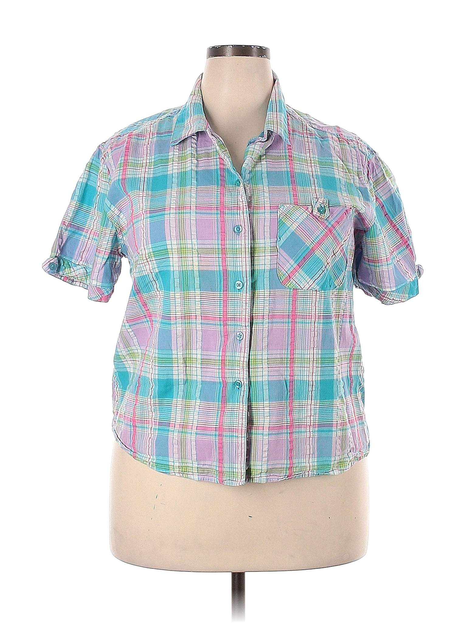 Bobbie Brooks 100% Cotton Plaid Teal Short Sleeve Button-Down Shirt ...