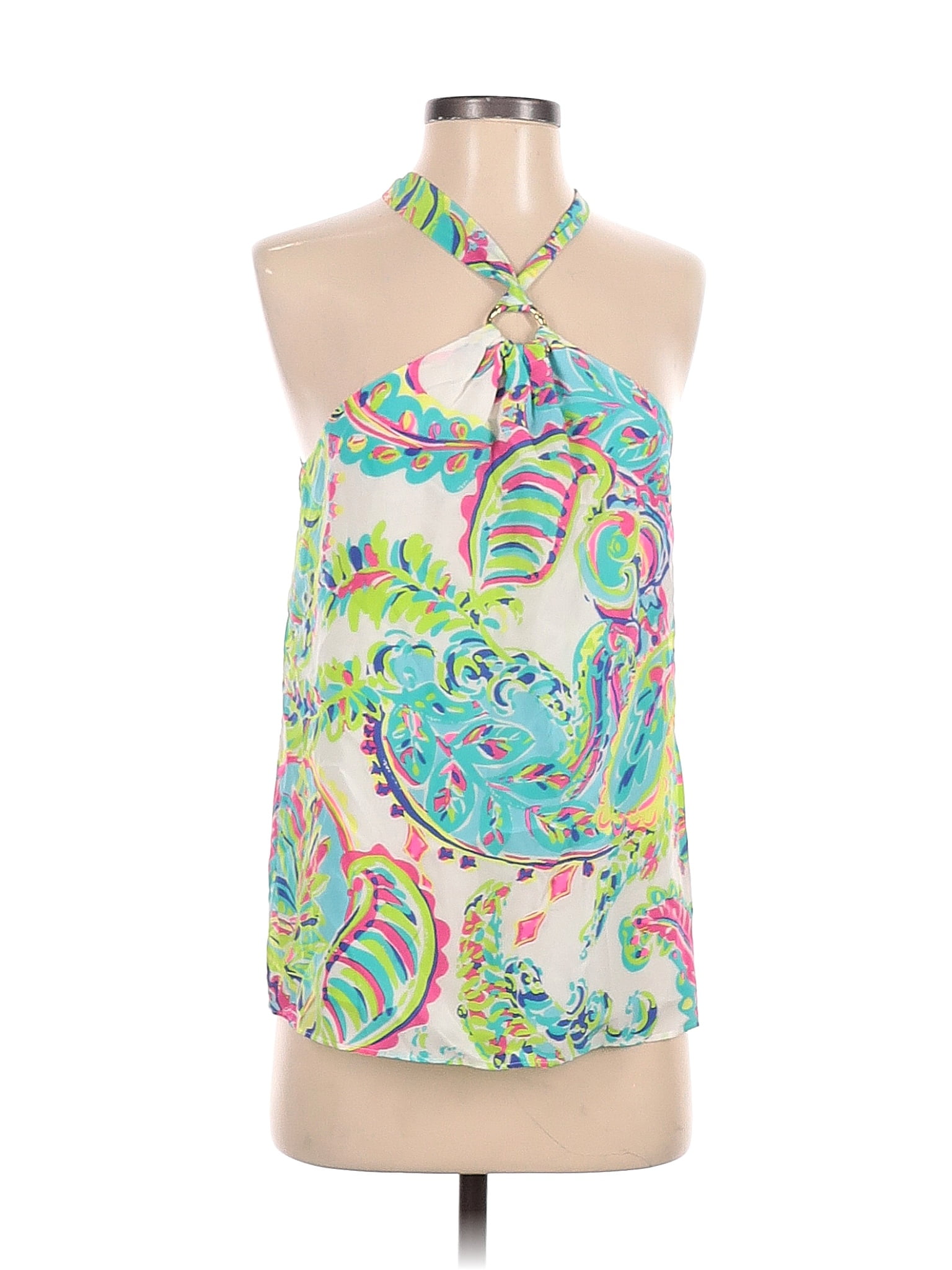Lilly Pulitzer 100 Silk Tropical Blue Green Sleeveless Blouse Size Xs