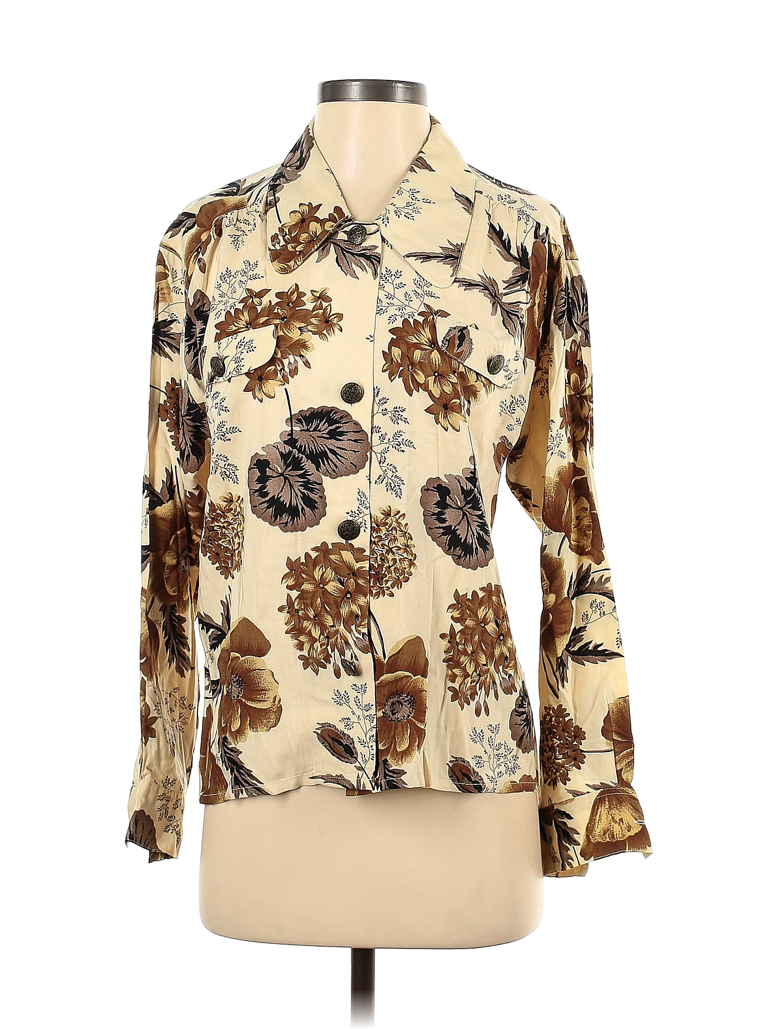 OBR 100% Rayon Color Block Floral Ivory Long Sleeve Button-Down Shirt ...