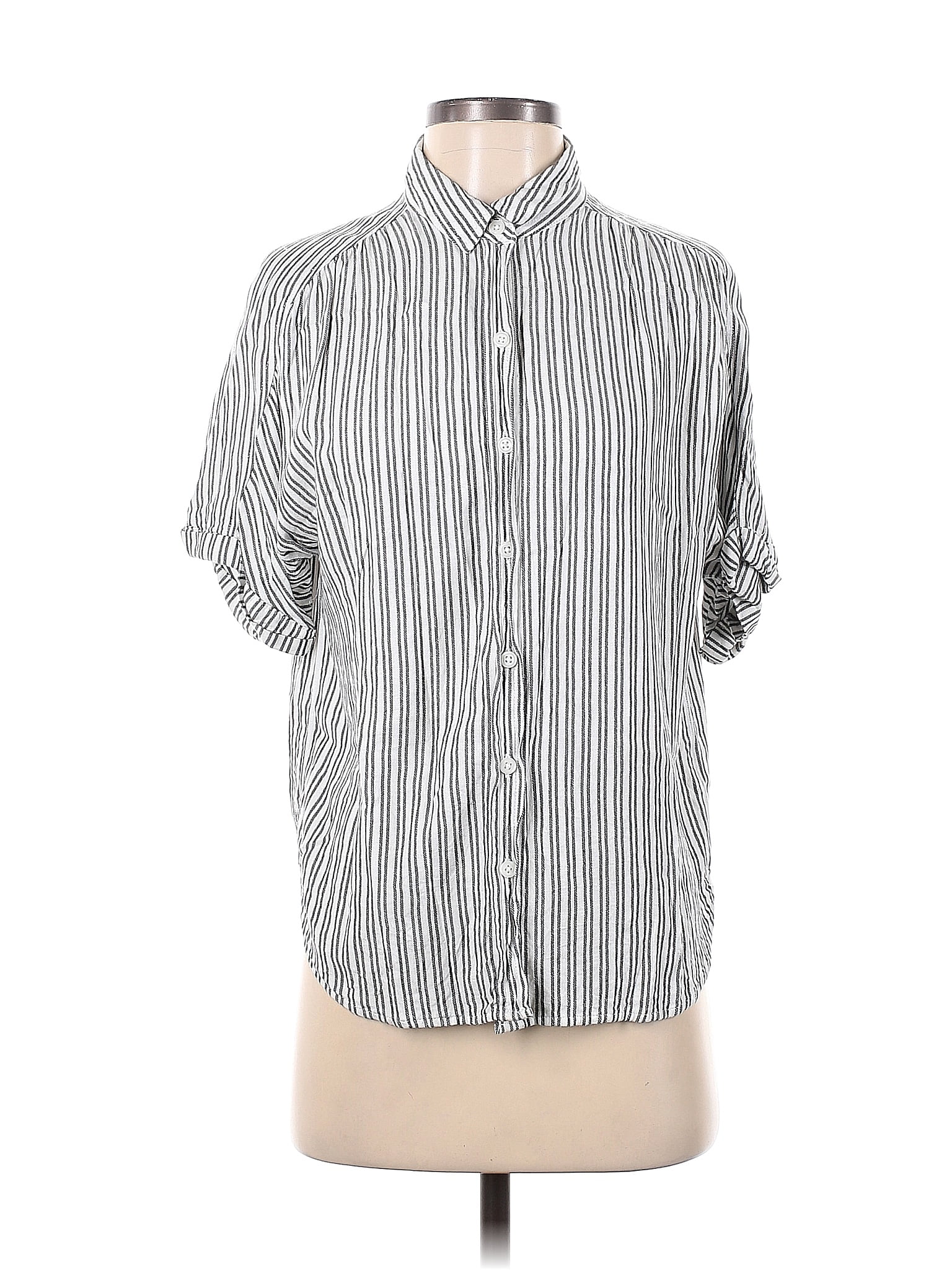 Universal Thread 100% Rayon Stripes Silver Short Sleeve Button-Down ...