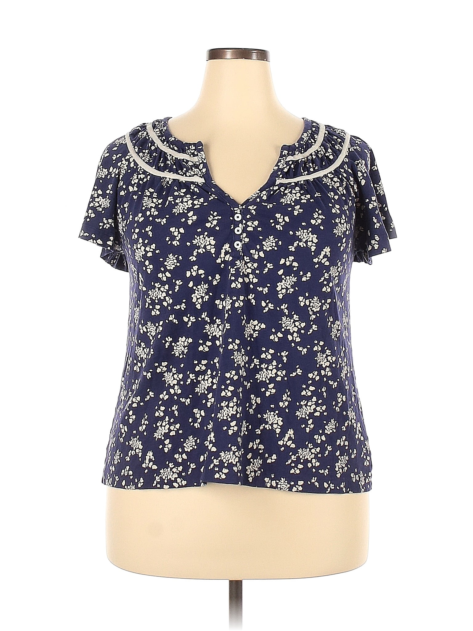 Lane Bryant 100 Cotton Floral Blue Short Sleeve Henley Size 14 16