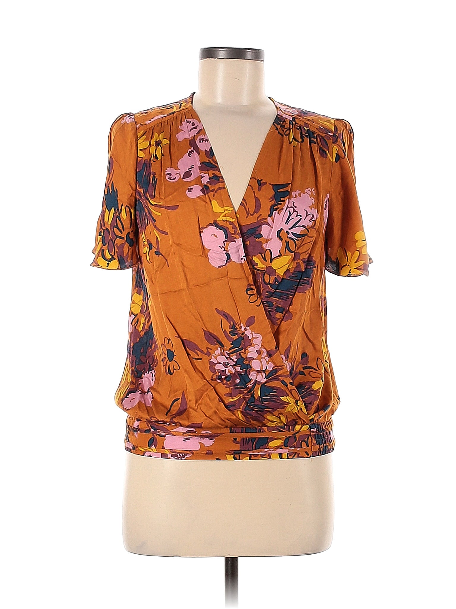 Tiny 100 Rayon Floral Tropical Orange Short Sleeve Blouse Size M 67