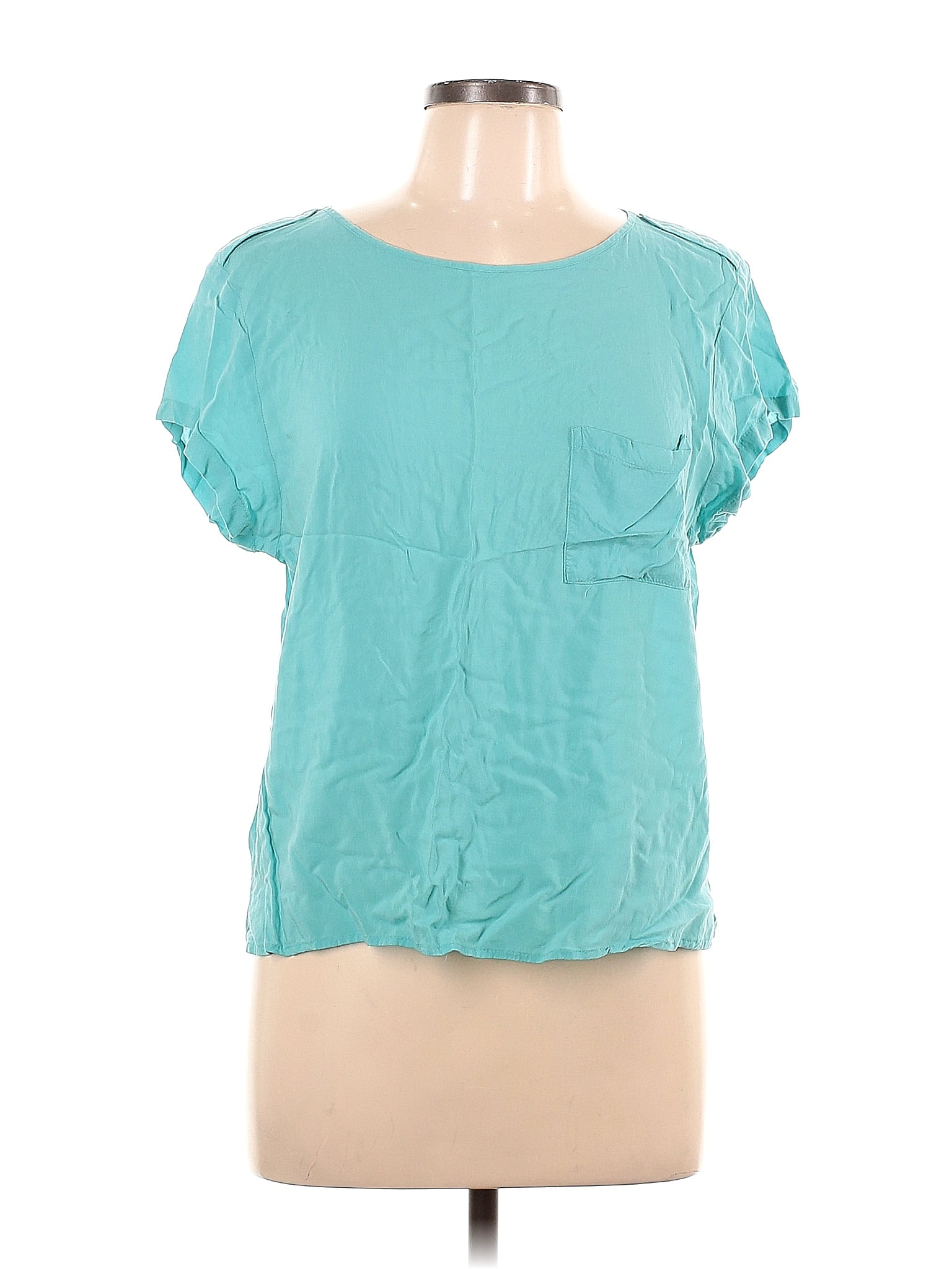 Bp 100 Rayon Solid Blue Teal Short Sleeve Blouse Size L 73 Off