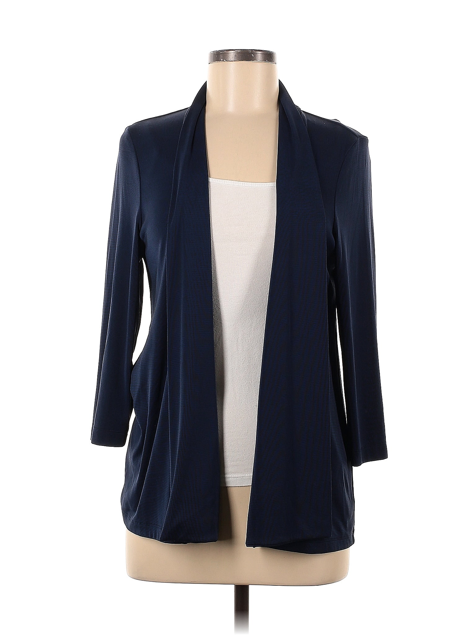 Easywear by Chico's 100% Polyester Color Block Solid Navy Blue Cardigan ...