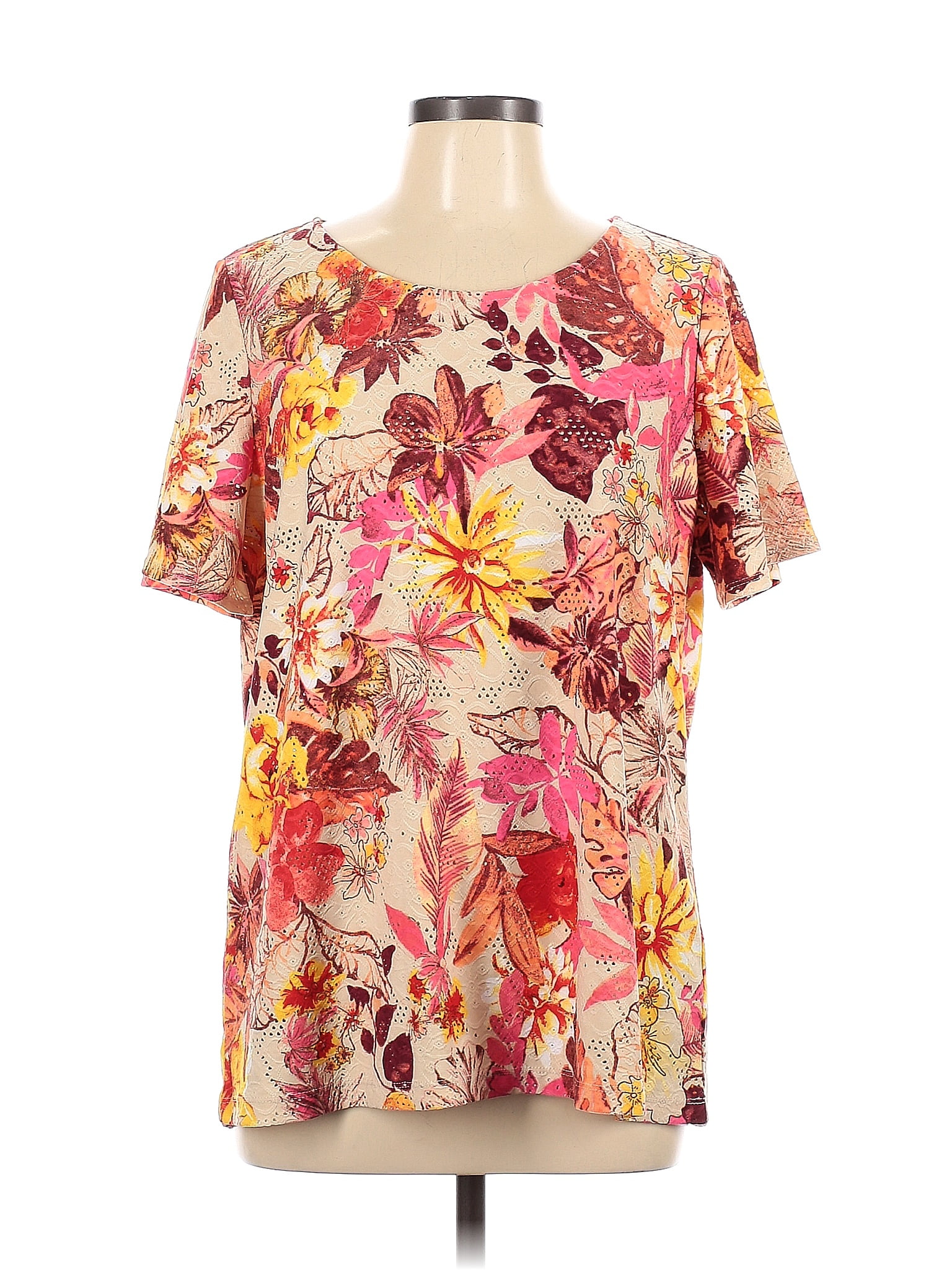 Susan Graver Tropical Multi Color Brown Short Sleeve Top Size L 18