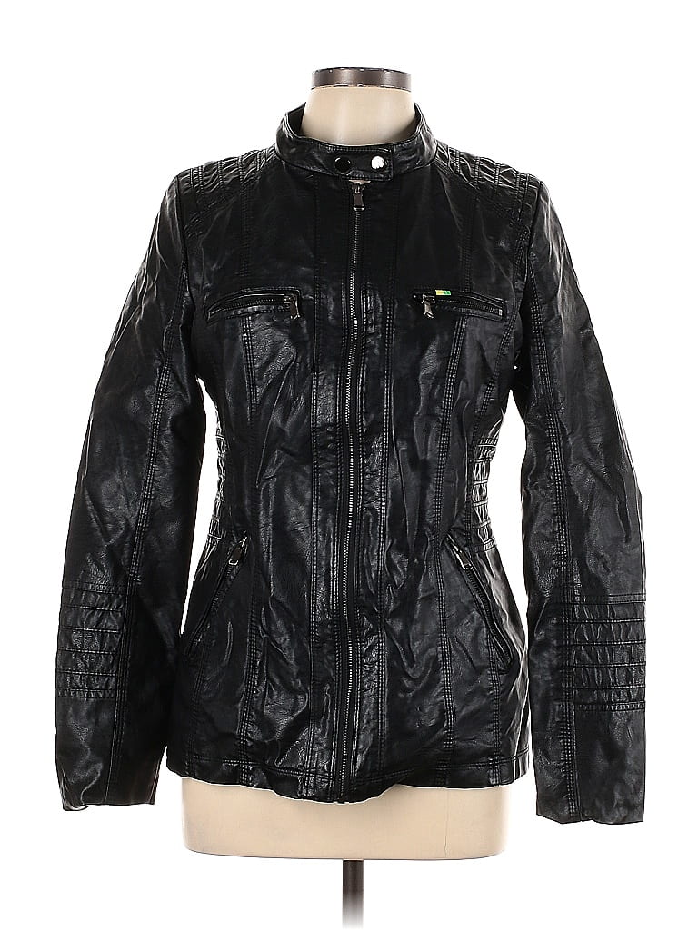 Assorted Brands 100% Polyester Black Faux Leather Jacket Size L - 55% ...