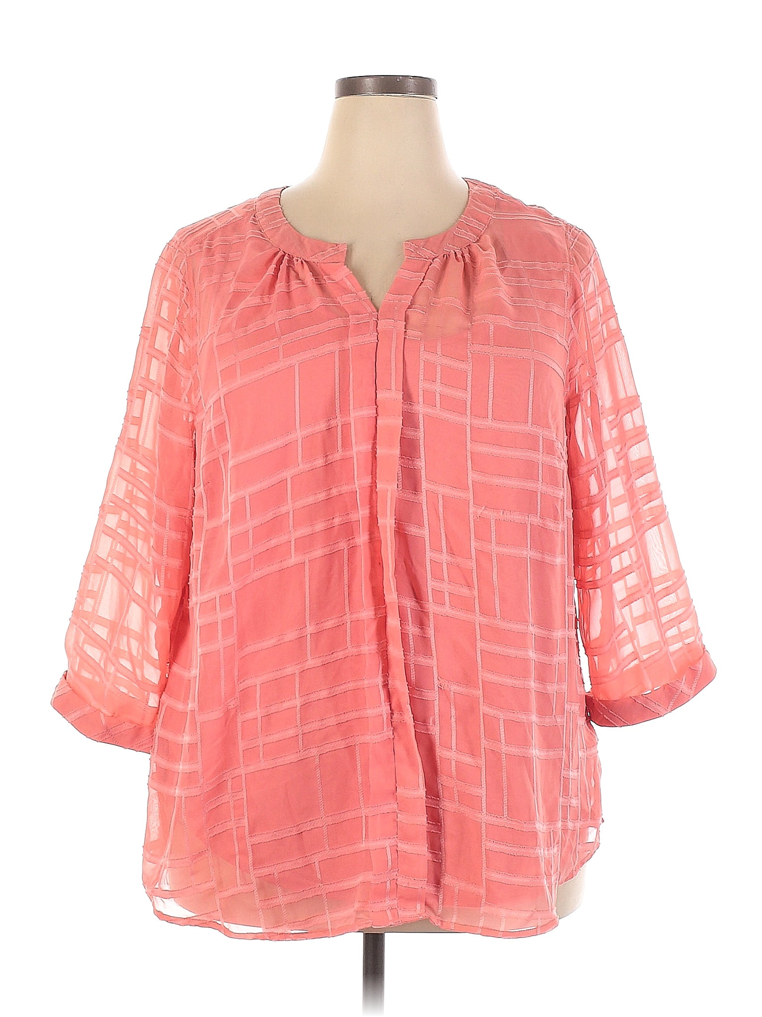 Cj Banks Checkered-gingham Plaid Pink 3/4 Sleeve Blouse Size 2X (Plus ...