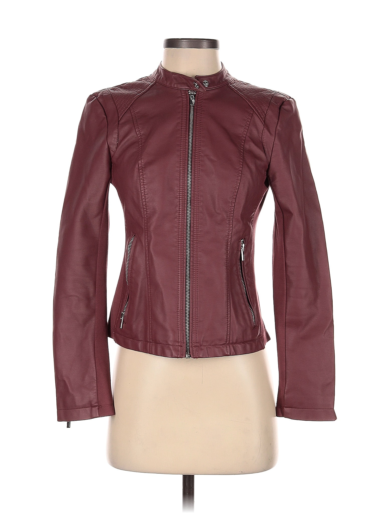 Express 100% Rayon Burgundy Faux Leather Jacket Size S - 65% off | thredUP