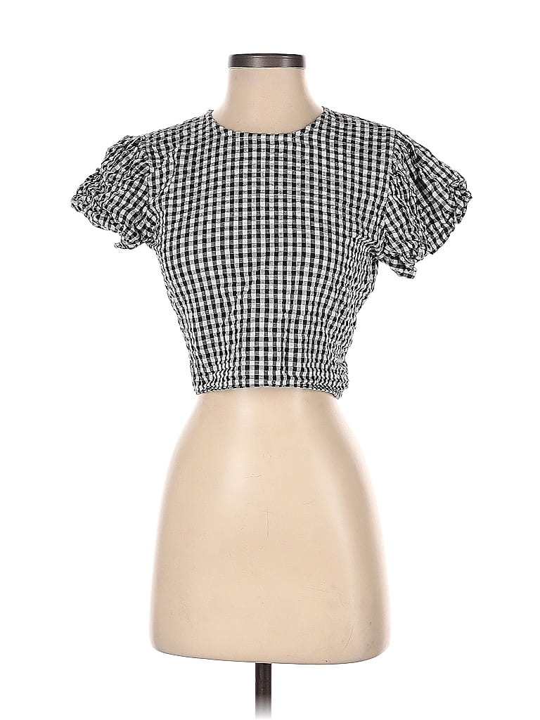 Sim & Sam 100% Cotton Checkered-gingham Black Short Sleeve Blouse Size ...