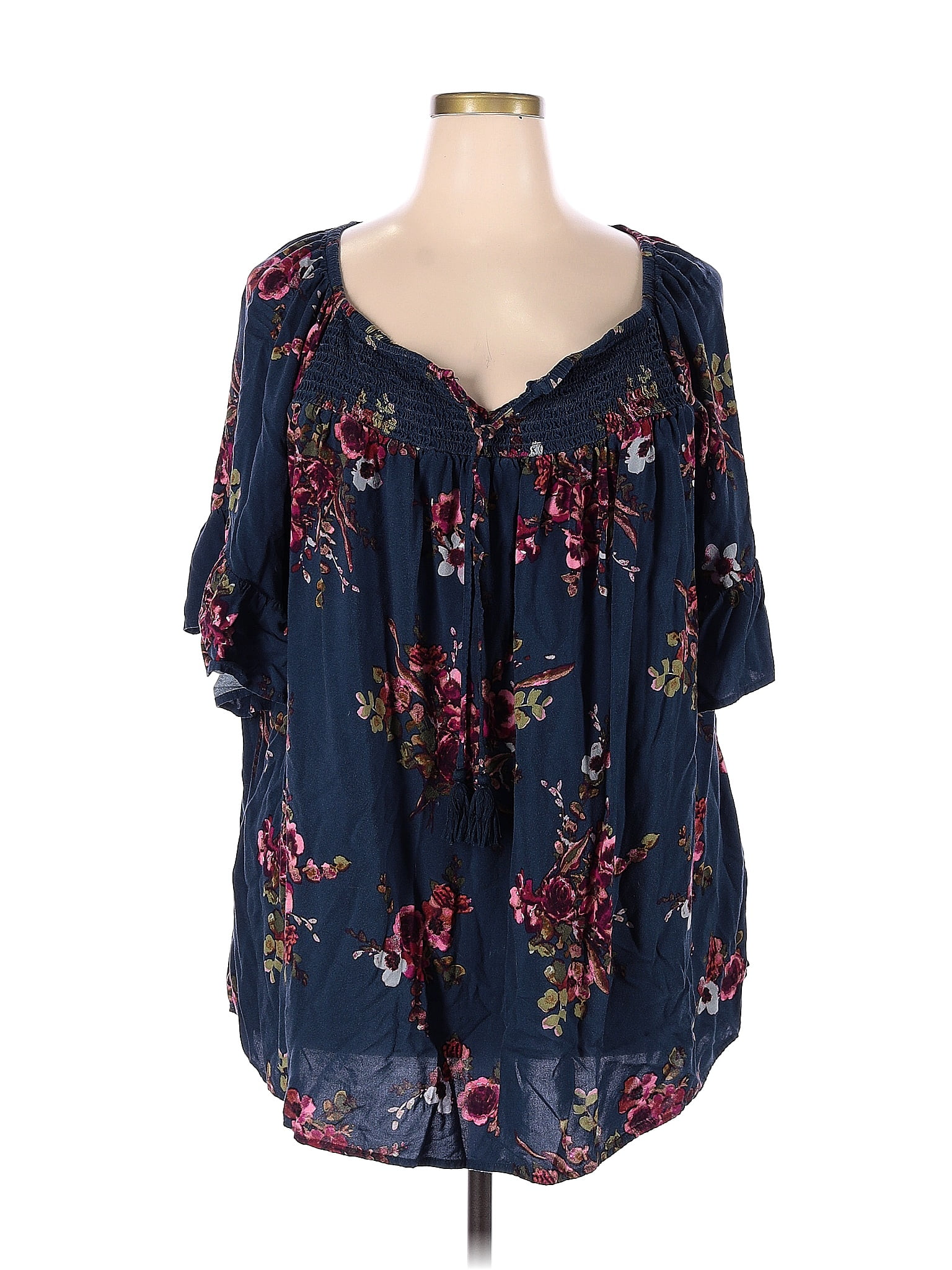 Terra And Sky 100 Rayon Floral Navy Blue Short Sleeve Blouse Size 2x