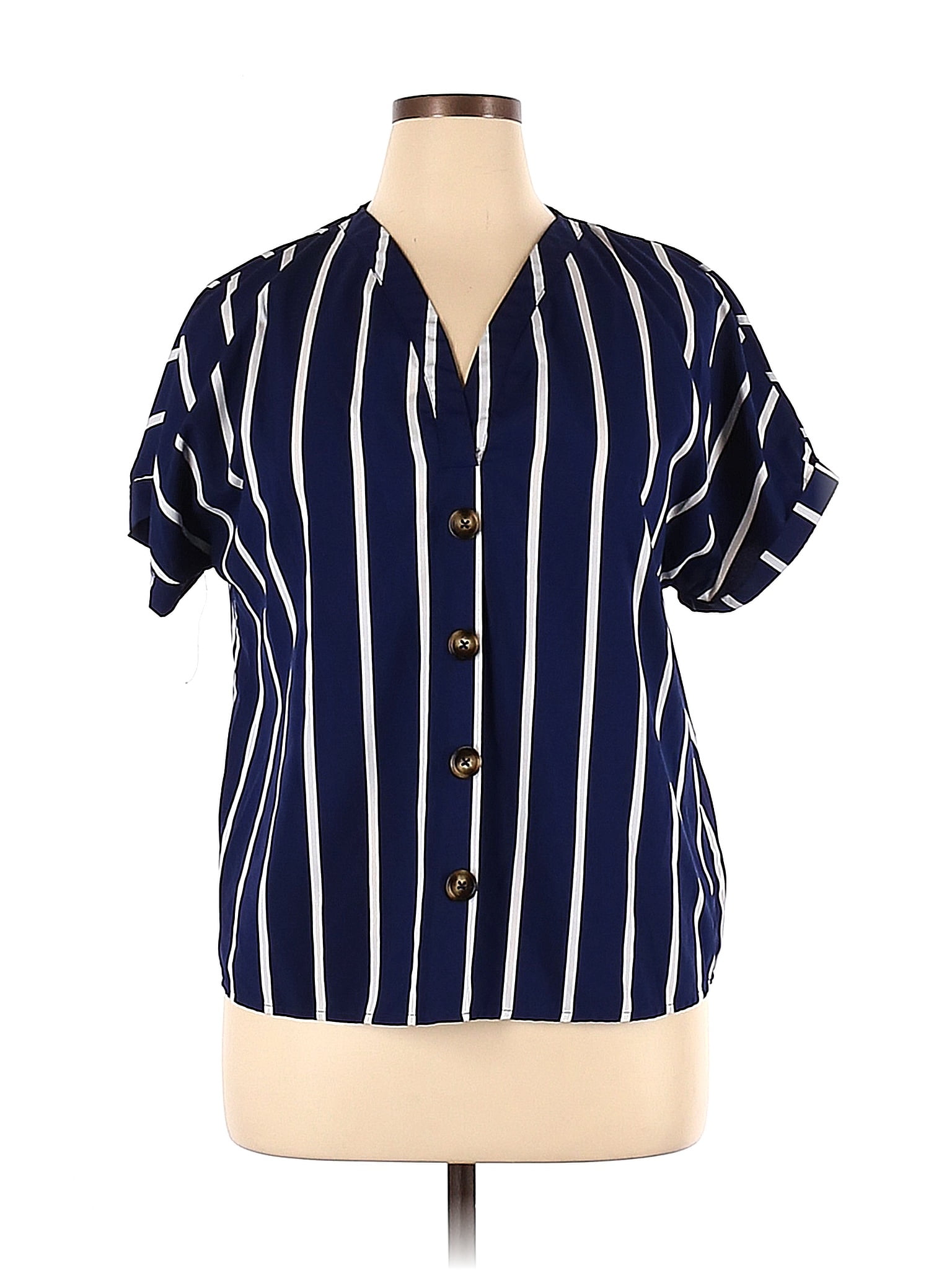Shein 100% Polyester Stripes Blue Short Sleeve Top Size 0X (Plus) - 31% ...