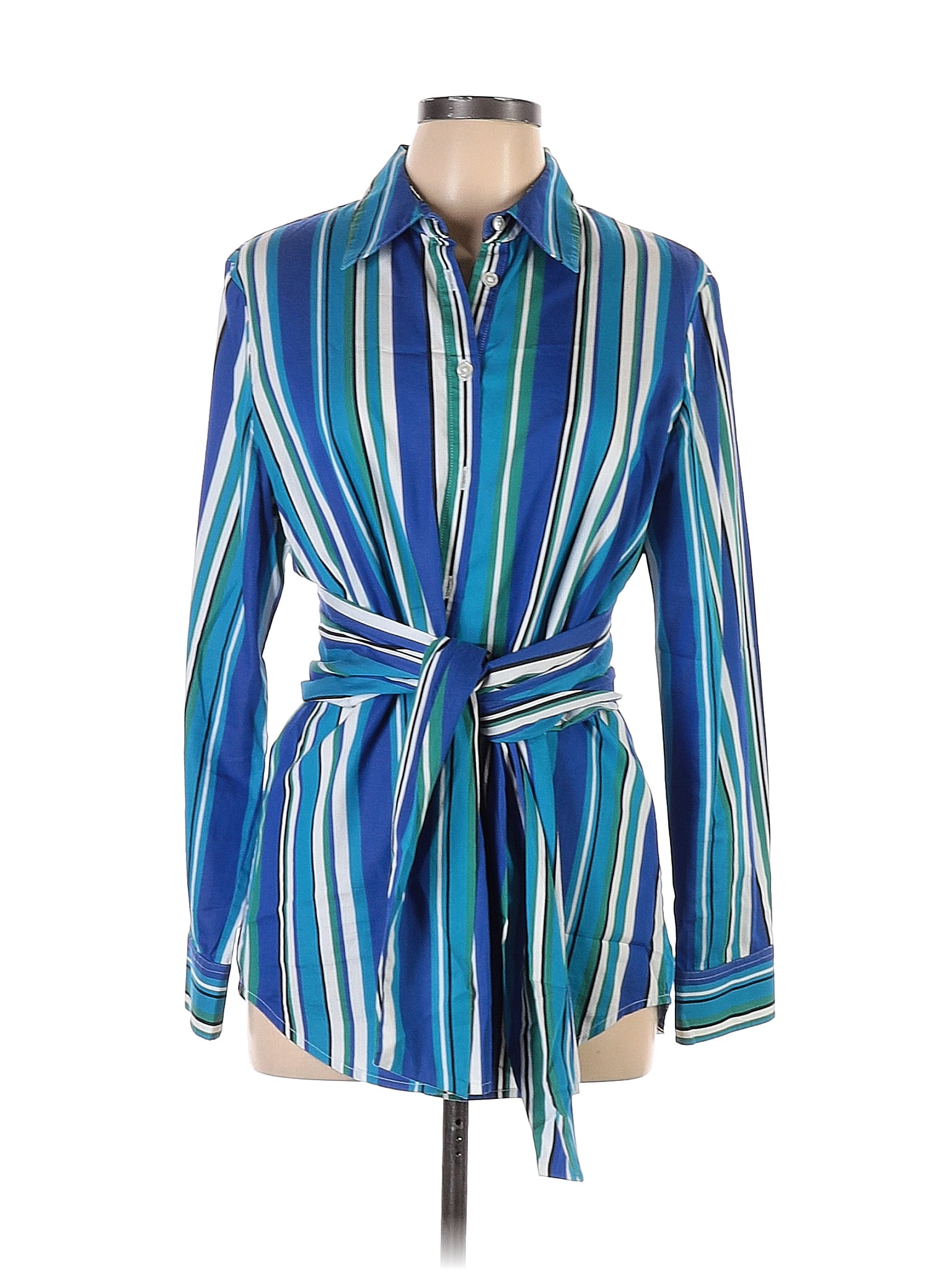 Jones New York 100 Cotton Stripes Multi Color Blue Long Sleeve Blouse