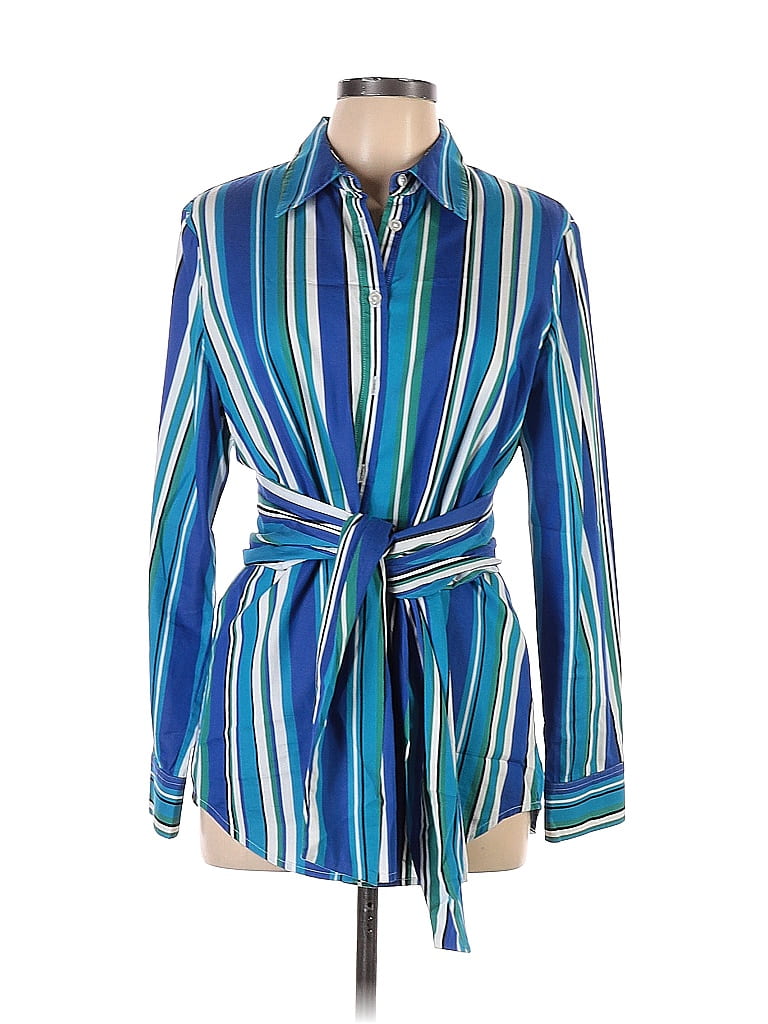 Jones New York 100 Cotton Stripes Multi Color Blue Long Sleeve Blouse