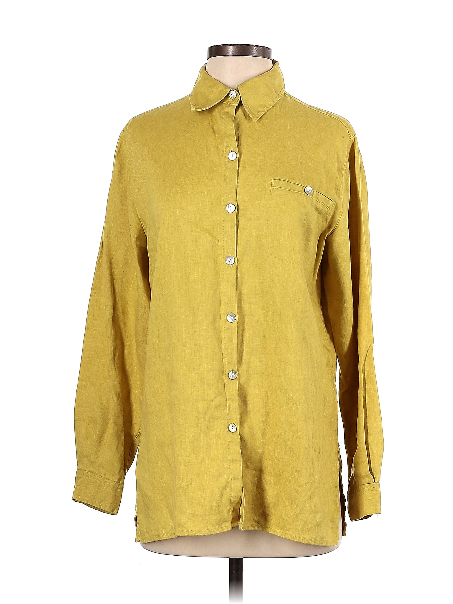 Chicos Design 100 Linen Yellow Long Sleeve Button Down Shirt Size Sm