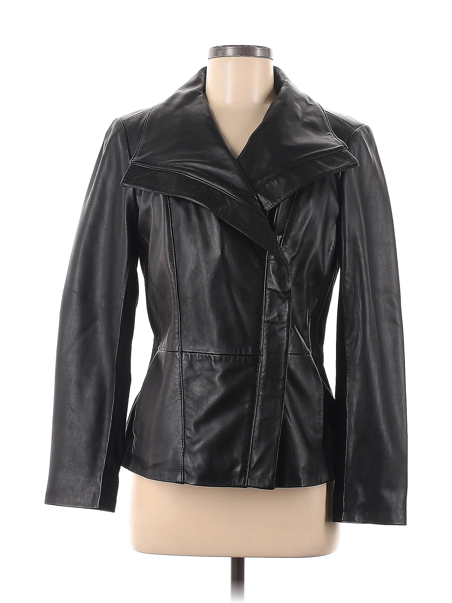 H By Halston 100% Polyester Solid Black Faux Leather Jacket Size 6 - 73 ...