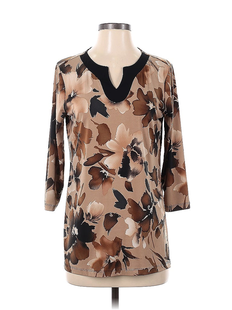 Susan Graver Color Block Floral Brown 3 4 Sleeve Top Size Xs 68 Off