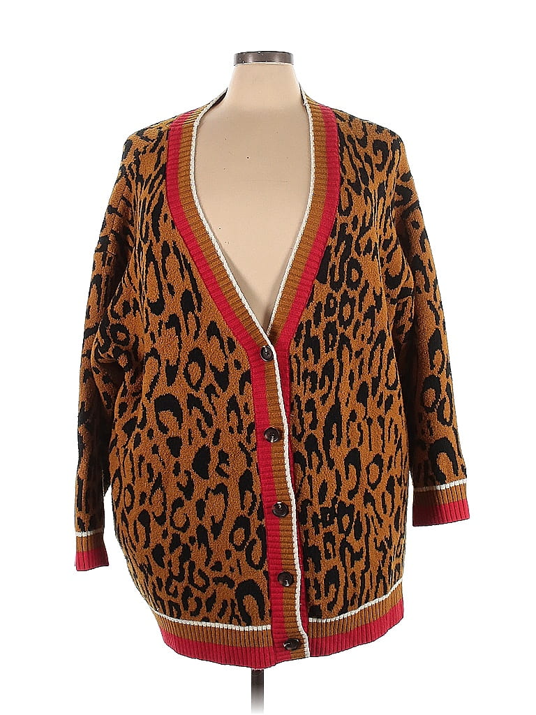 Future Collective Color Block Leopard Print Brown Cardigan Size 4X ...