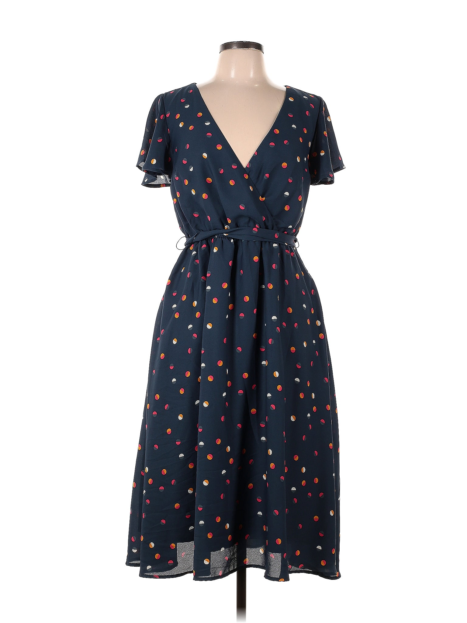 ModCloth 100% Polyester Polka Dots Navy Blue Casual Dress Size L - 50% ...