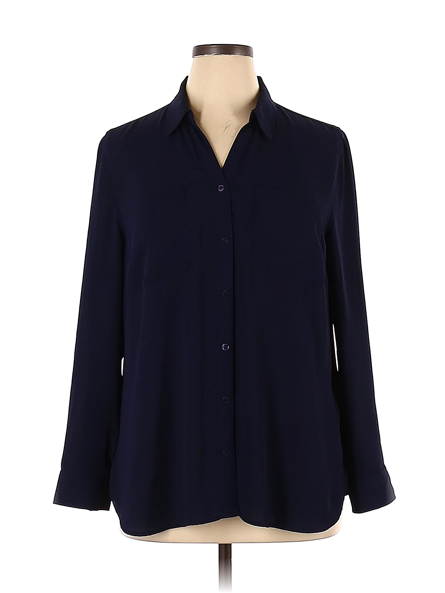 Talbots 100 Polyester Polka Dots Navy Blue Long Sleeve Blouse Size Xl