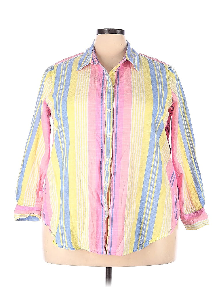 Lane Bryant 100% Cotton Stripes Yellow Pink Long Sleeve Button-Down Shirt Size 18 - 20 Plus ...