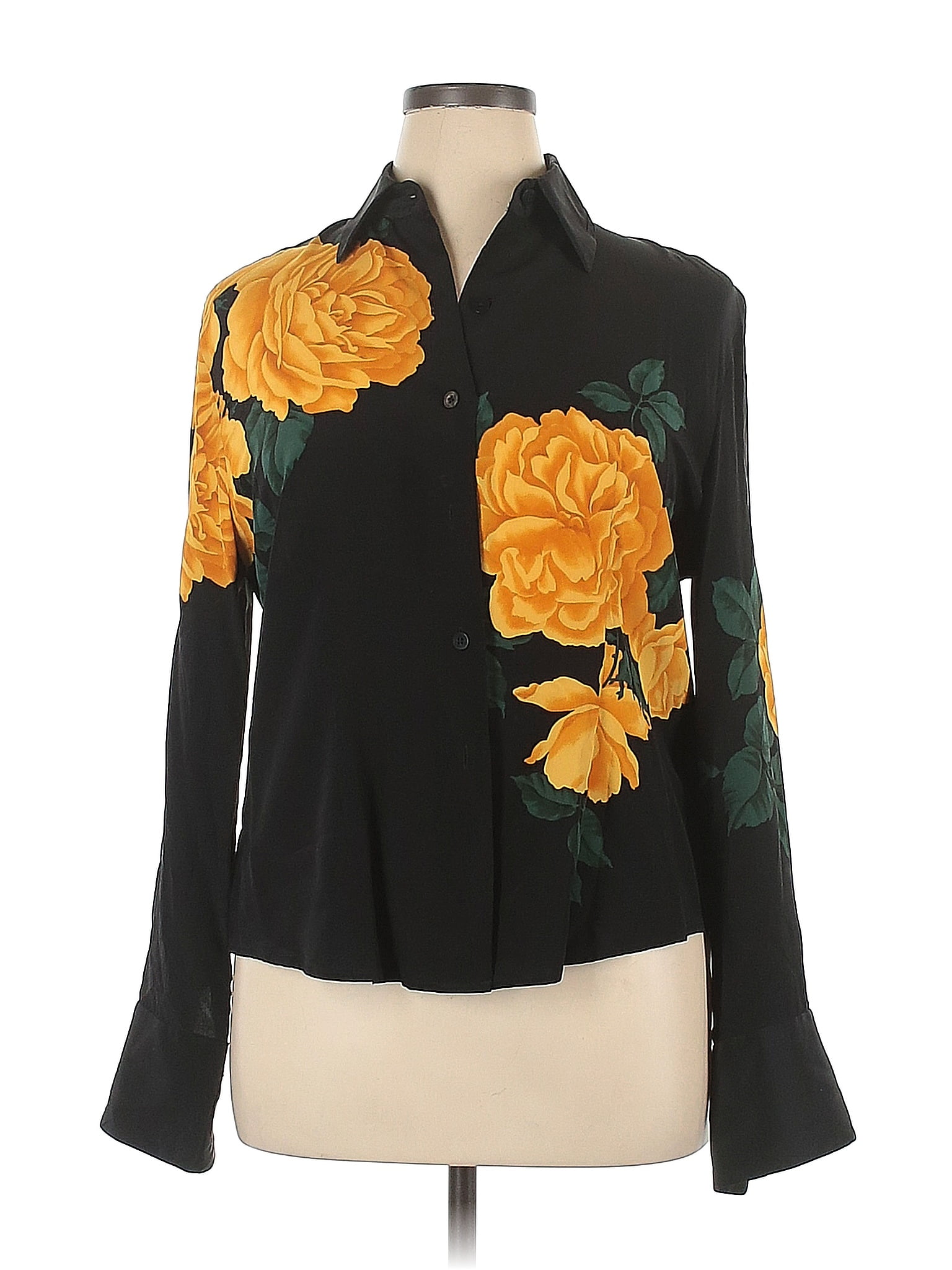 Linda Allard Ellen Tracy 100% Silk Color Block Floral Black Long Sleeve ...