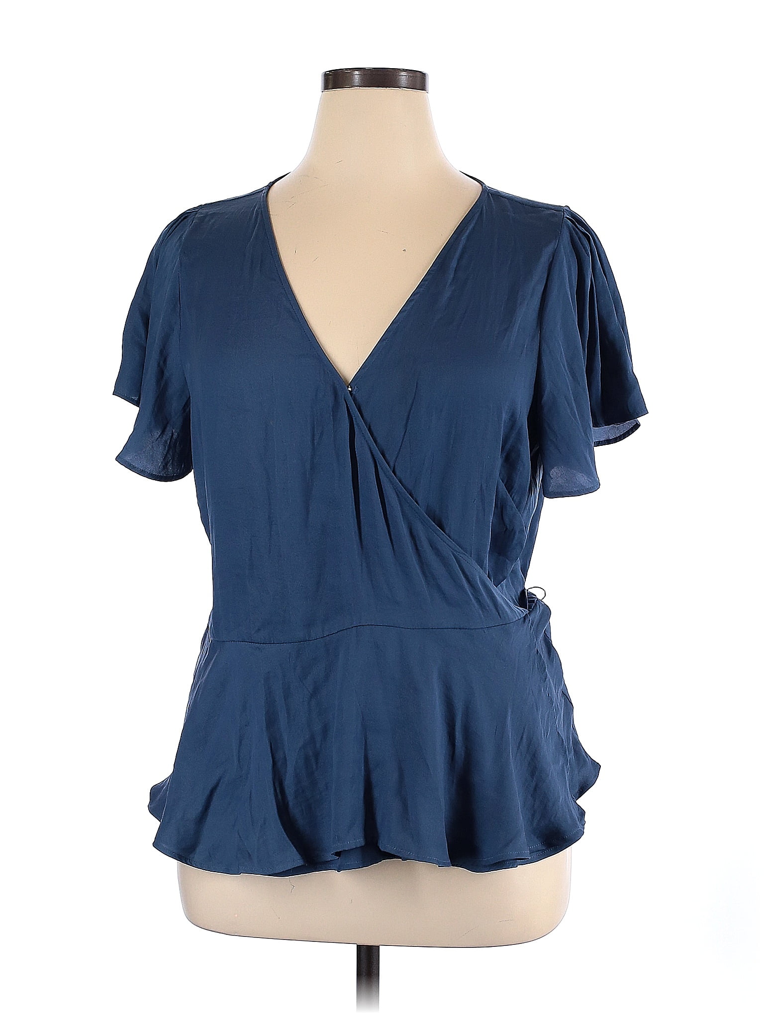 Ann Taylor Loft 100 Polyester Solid Blue Short Sleeve Blouse Size Xl