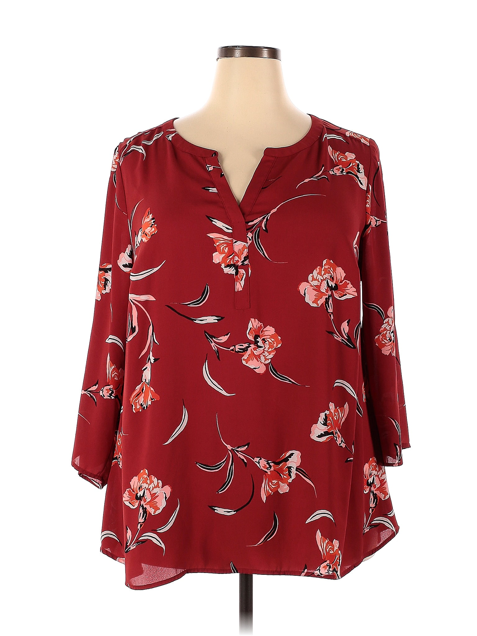 Daniel Rainn 100 Polyester Floral Red Burgundy Long Sleeve Blouse Size