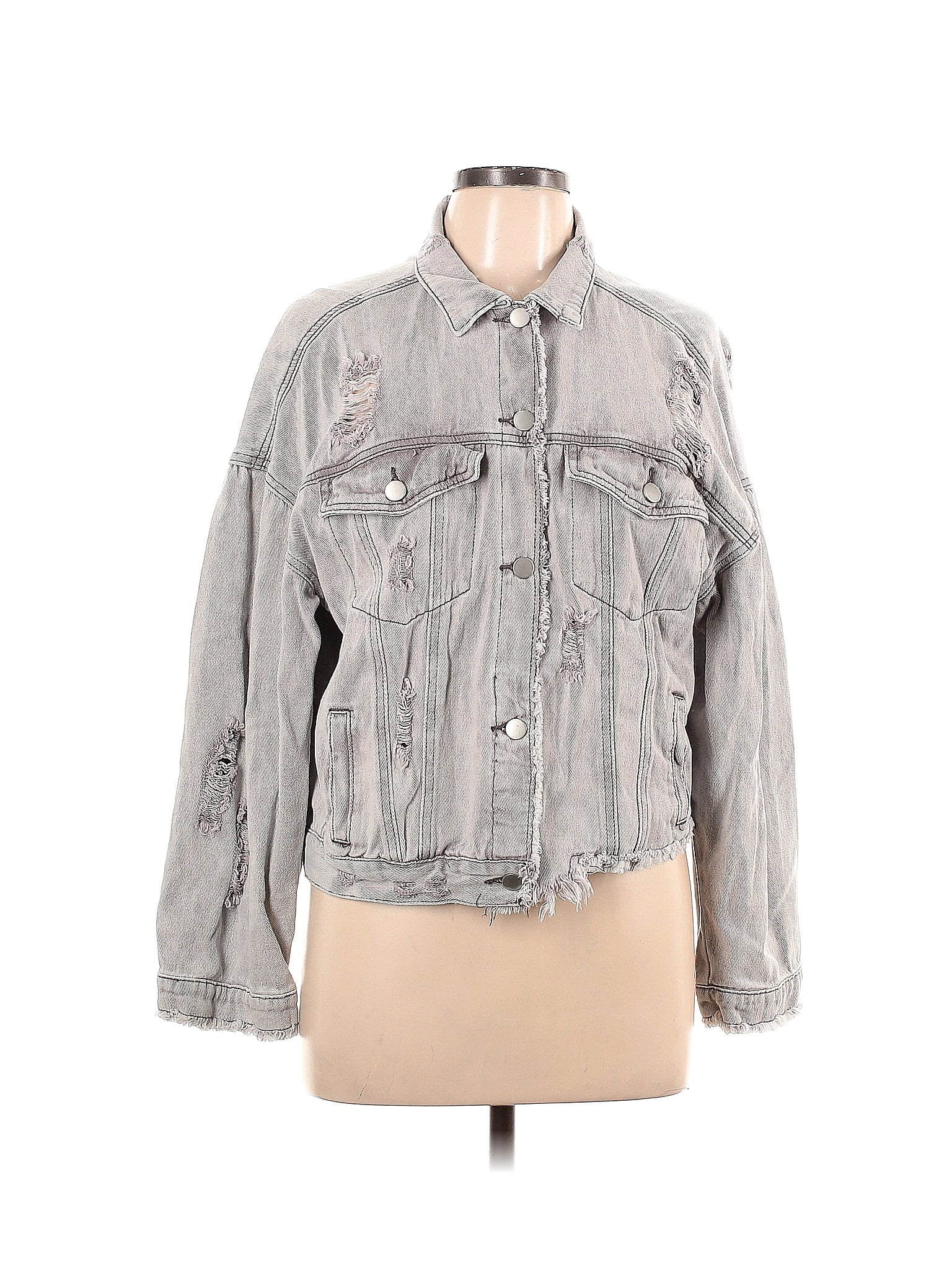 Pol 100% Cotton Solid Gray Denim Jacket Size L - 53% off | thredUP