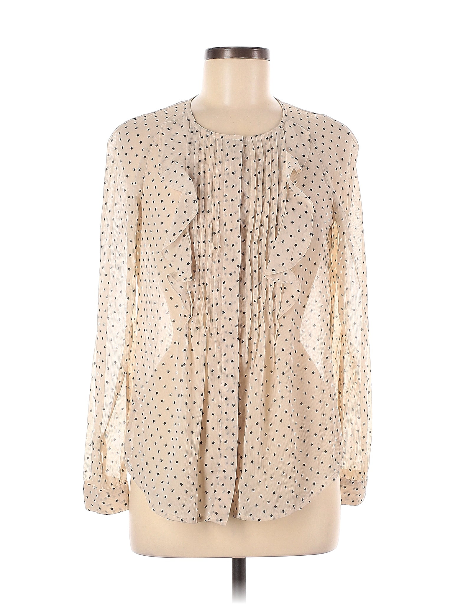 Ann Taylor Loft 100 Polyester Polka Dots Tan Ivory Long Sleeve Blouse