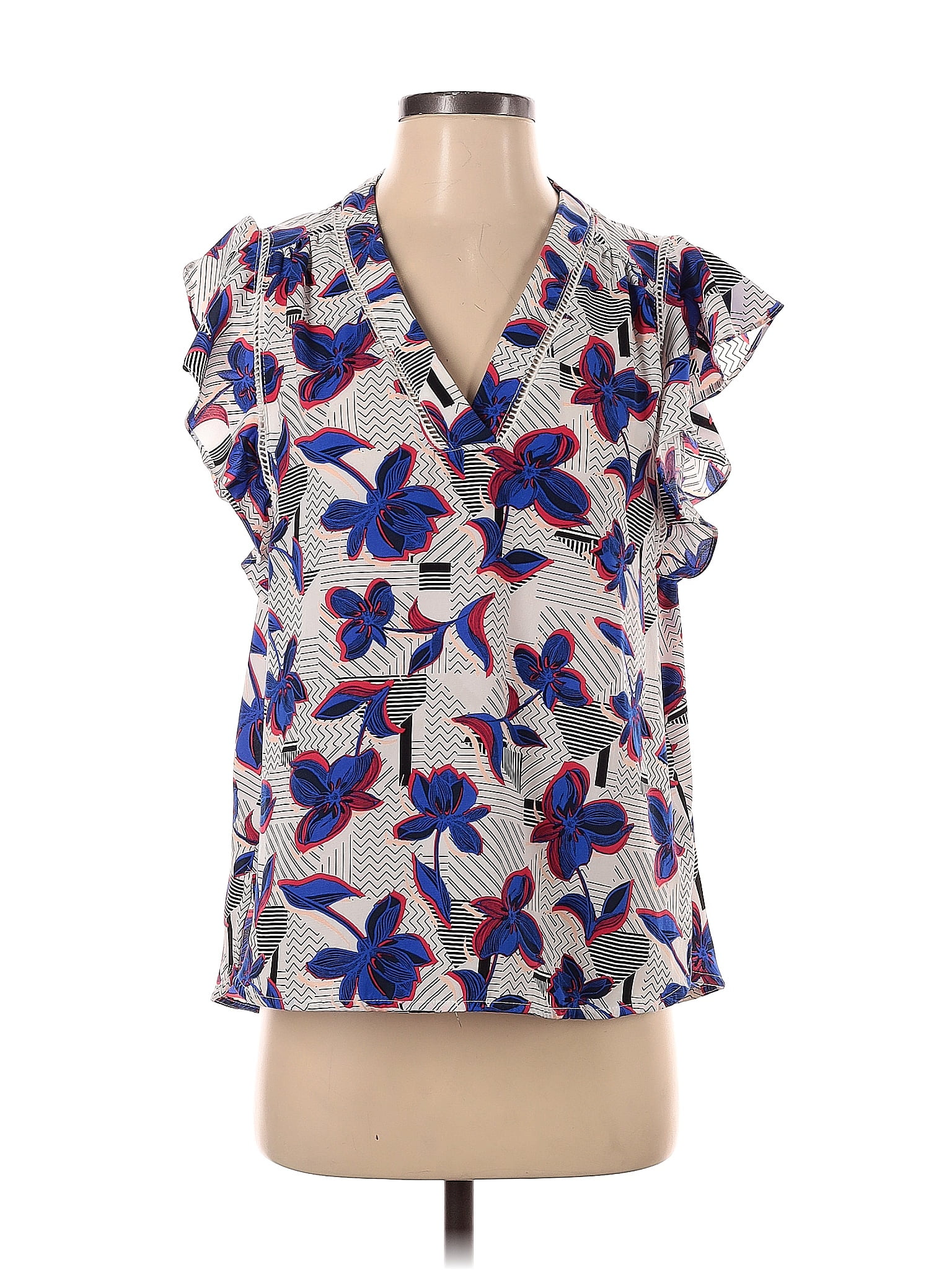 Halogen 100% Polyester Floral Blue Short Sleeve Blouse Size XS - 71% ...