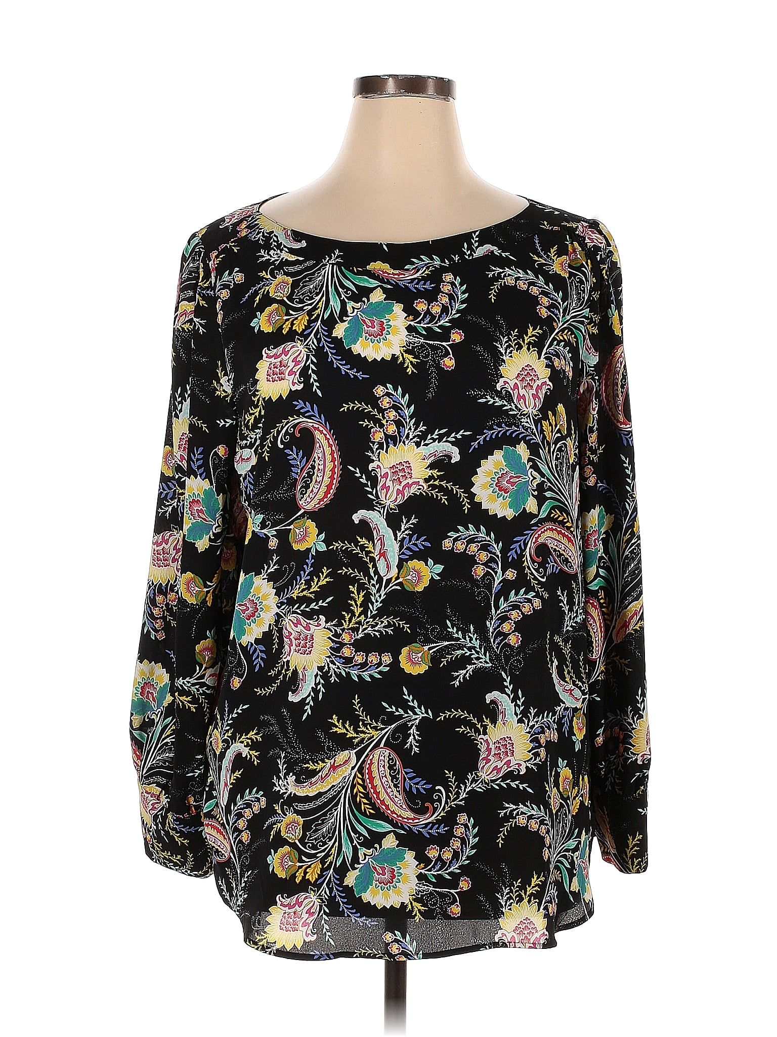 Ann Taylor Loft 100 Polyester Color Block Floral Black Long Sleeve
