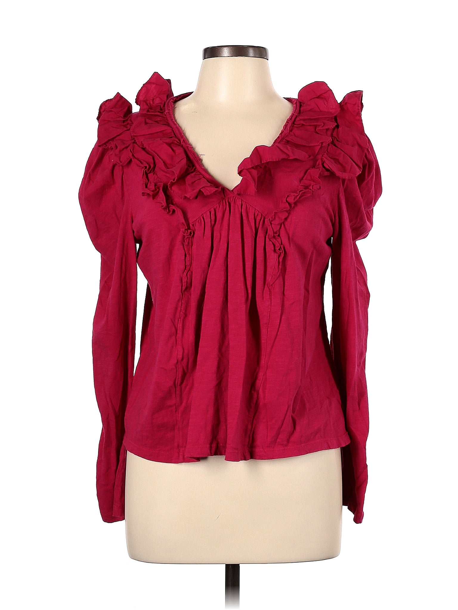 By Anthropologie 100 Cotton Solid Red Burgundy Long Sleeve Blouse Size