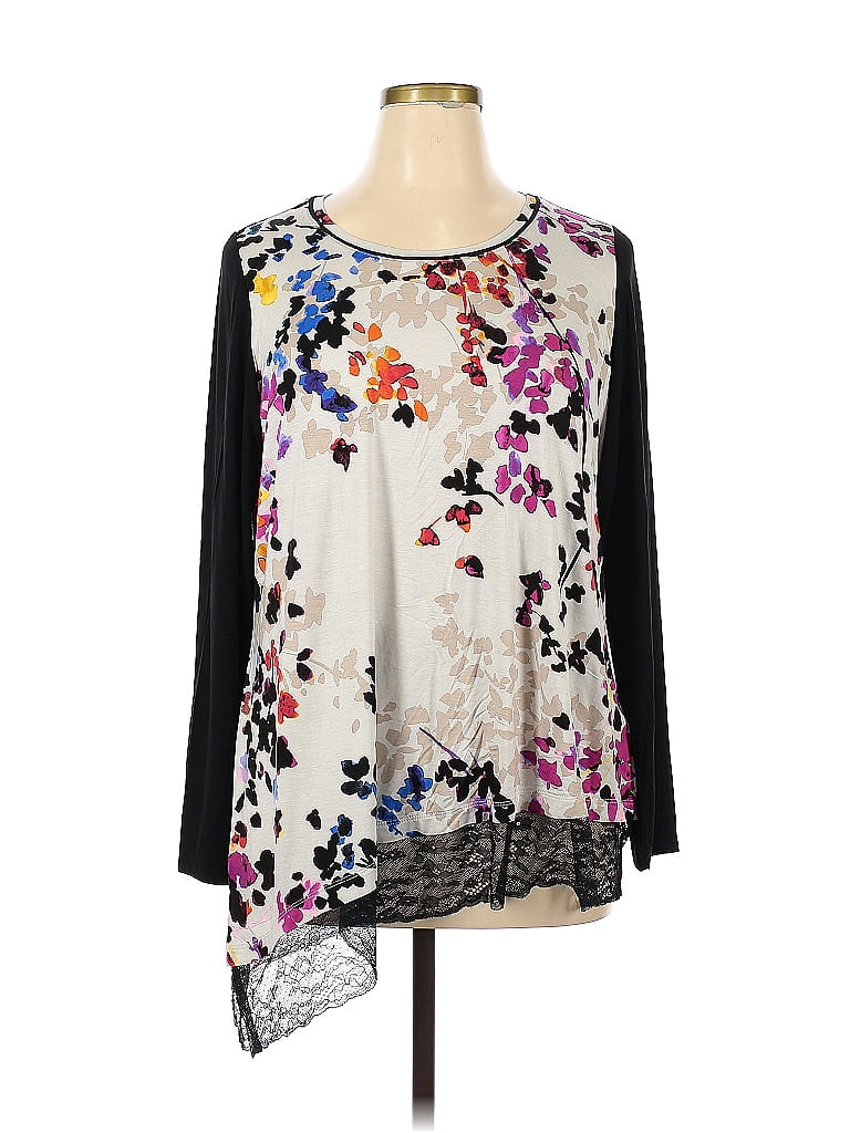 Logo By Lori Goldstein Color Block Floral White Ivory Long Sleeve Top