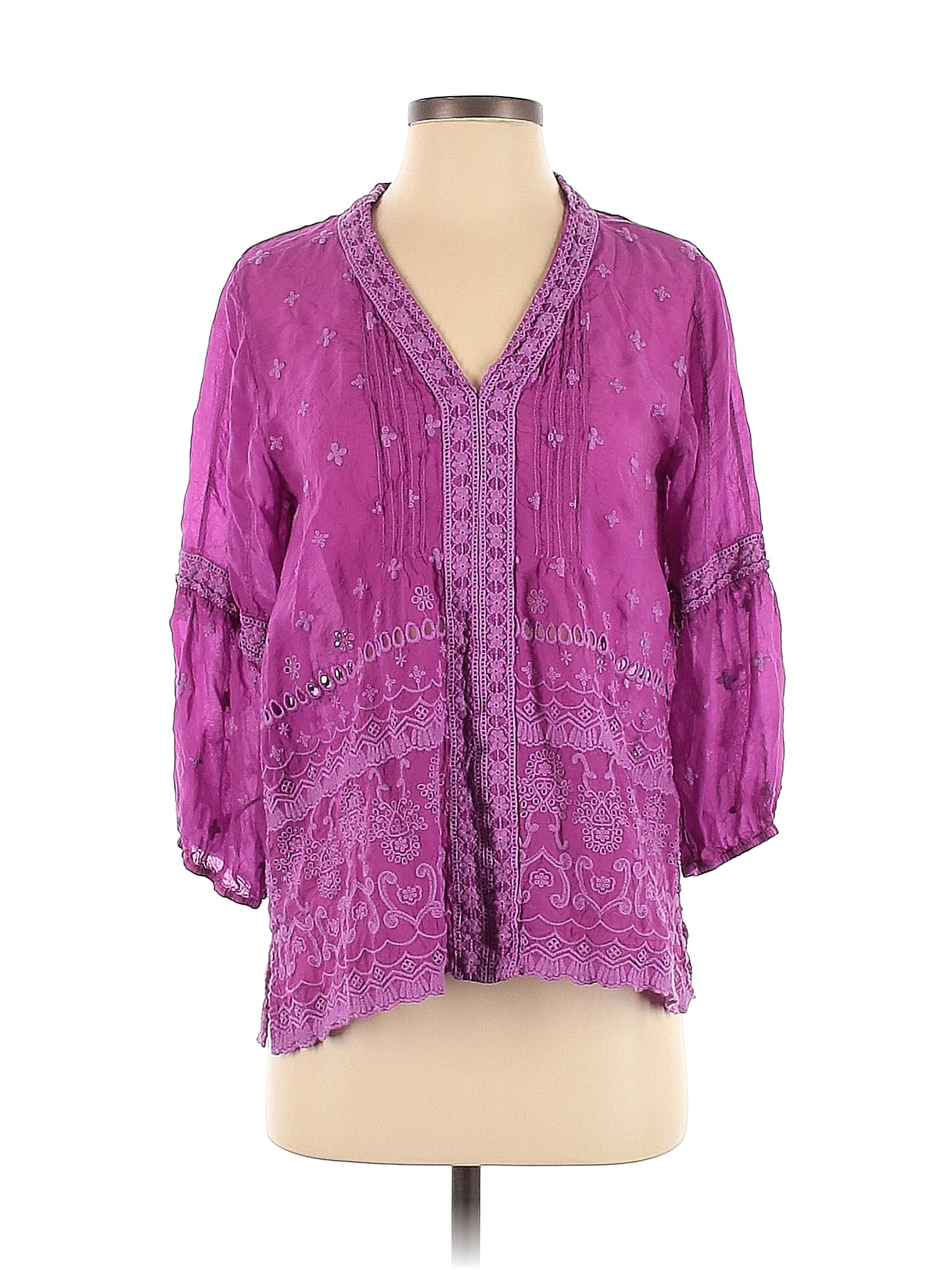 Johnny Was 100 Cupro Paisley Purple Long Sleeve Blouse Size Xs 75