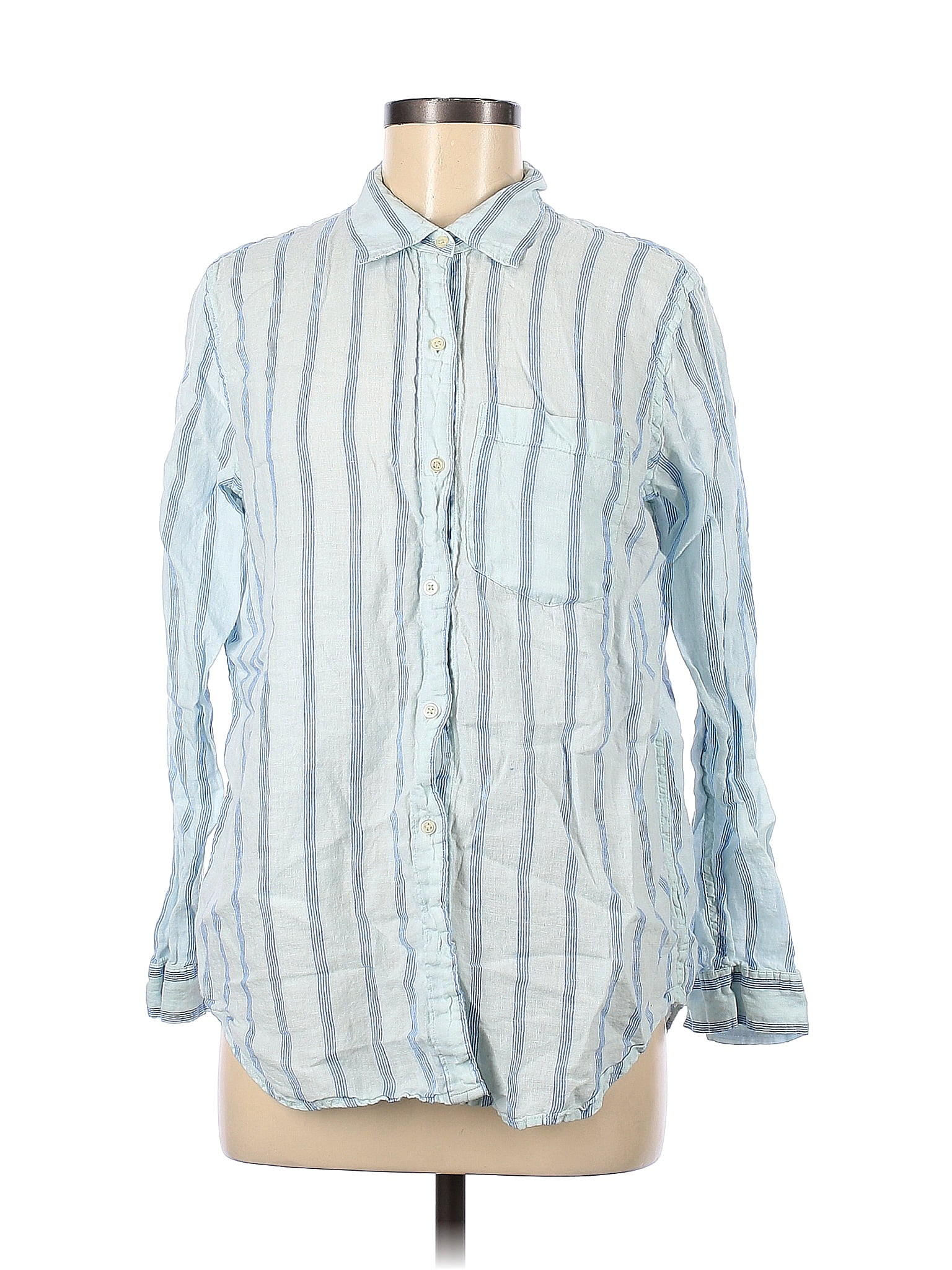 Gap 100% Linen Stripes White Blue Long Sleeve Button-Down Shirt Size M ...