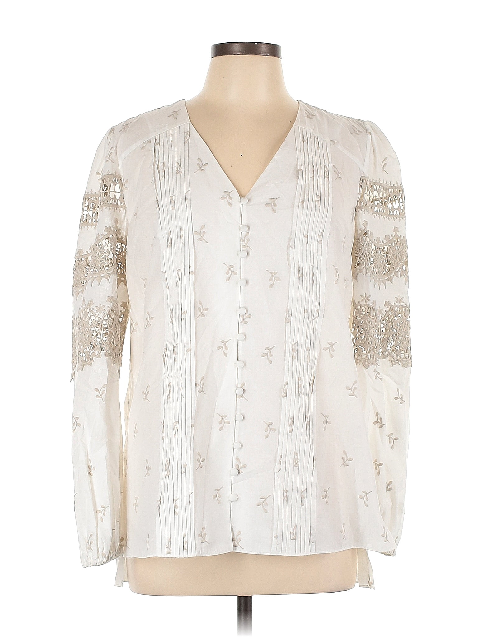 Elie Tahari 100% Cotton Floral White Ivory Long Sleeve Blouse Size L ...