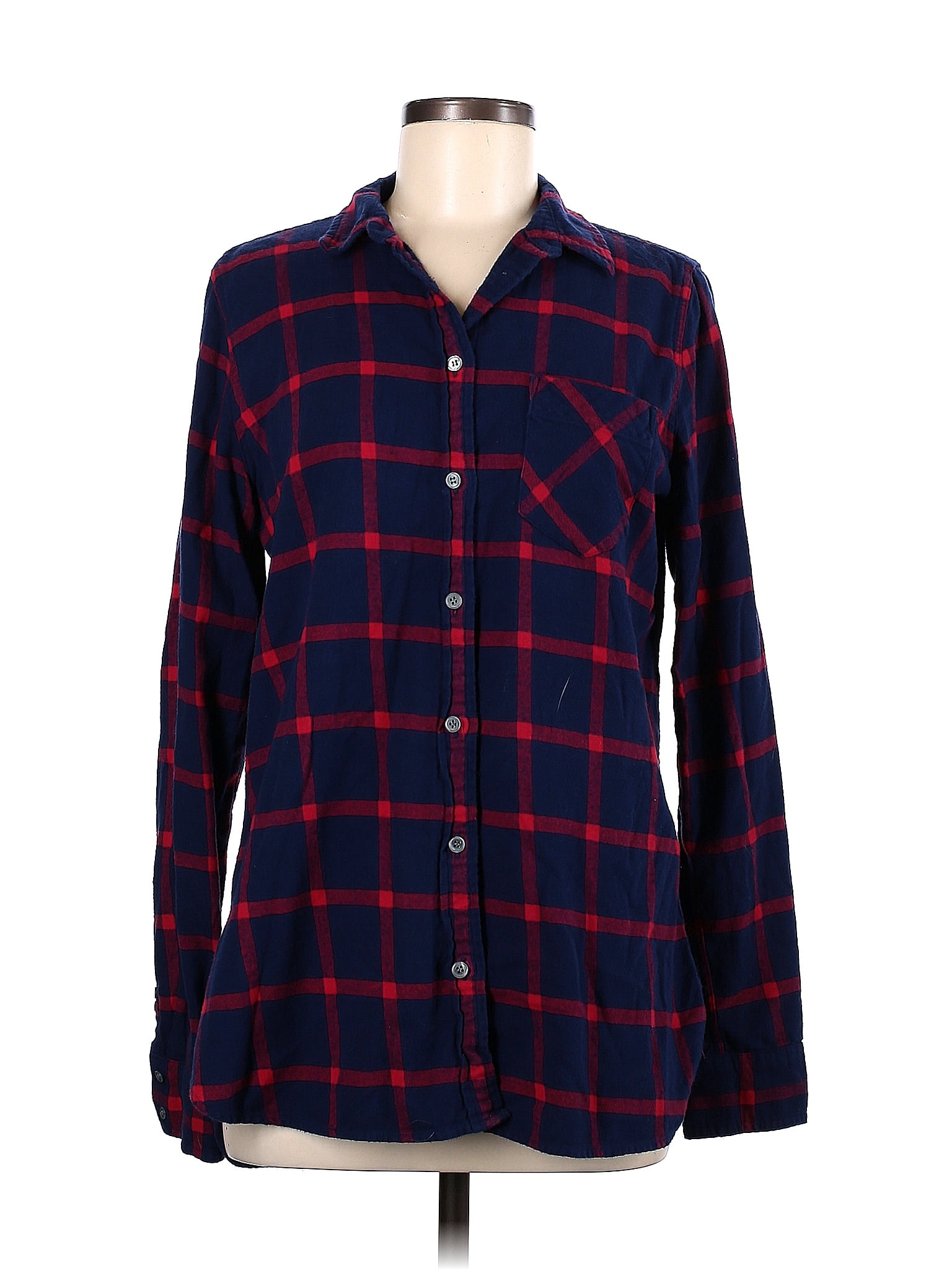 J.Crew 100% Cotton Checkered-gingham Plaid Navy Burgundy Long Sleeve Button-Down Shirt Size 10 ...