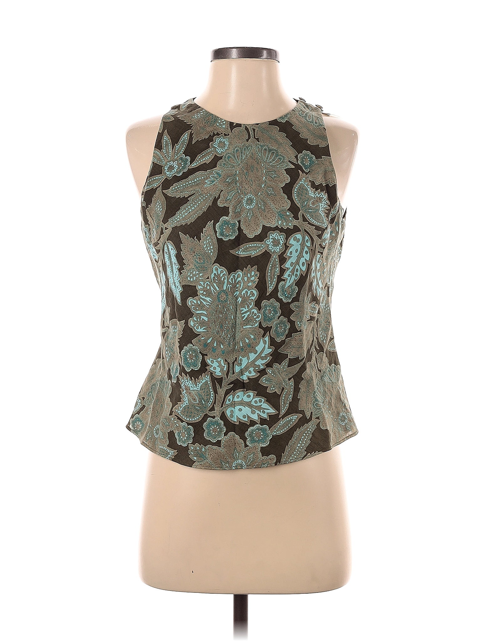 Ann Taylor Loft 100 Ramie Multi Color Teal Sleeveless Blouse Size 4