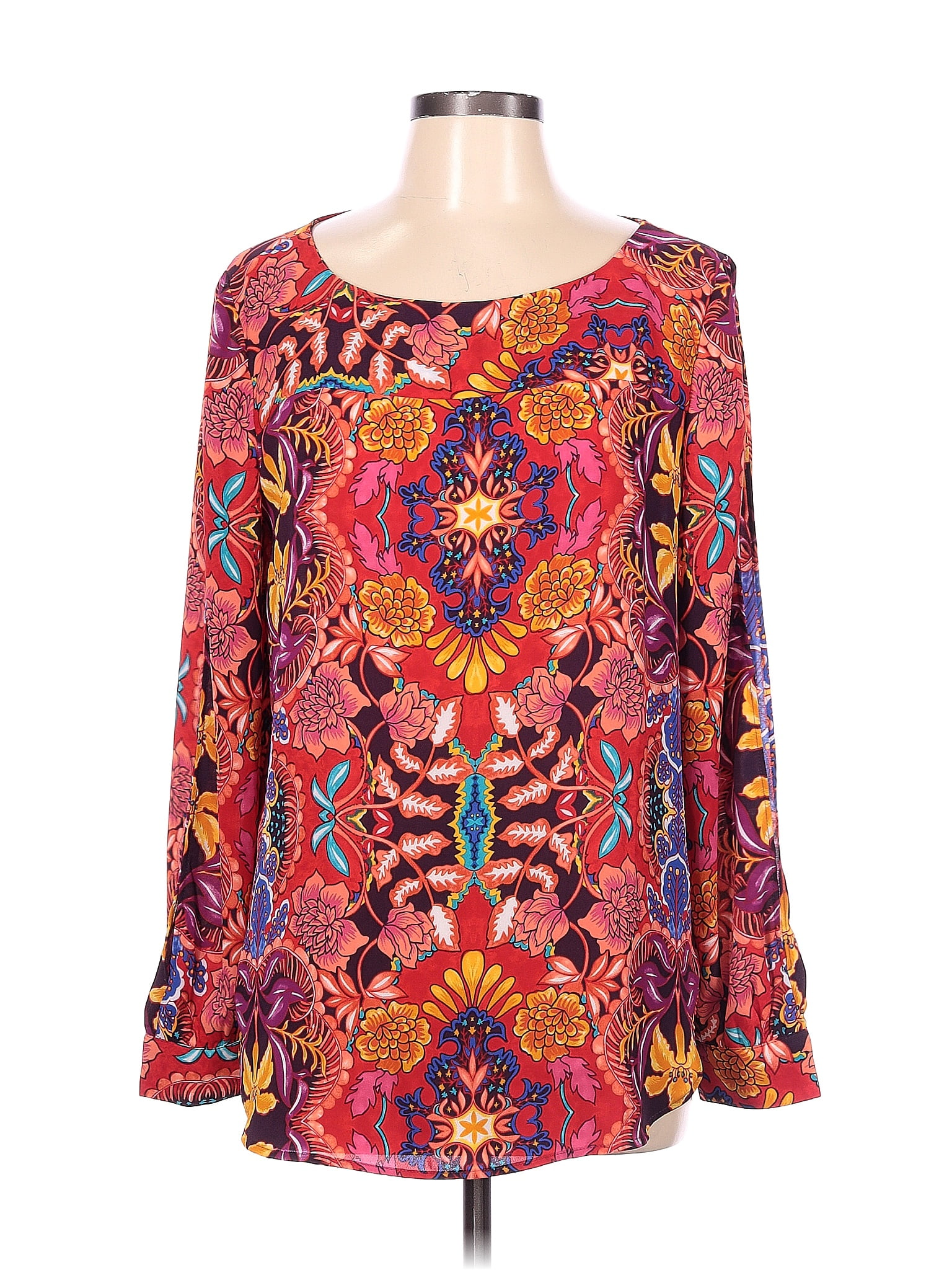 Ann Taylor Loft Floral Multi Color Burgundy Long Sleeve Blouse Size L