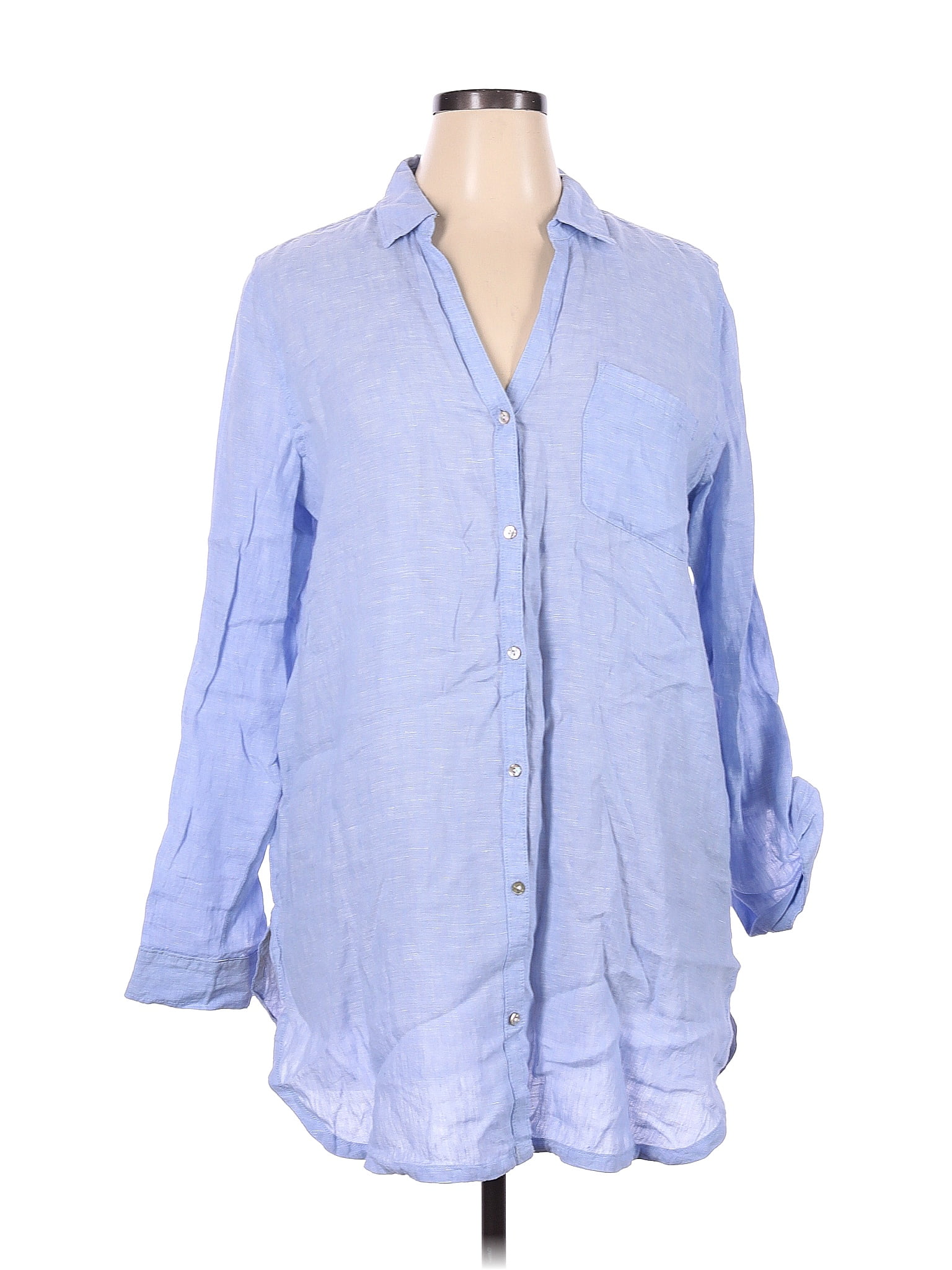 Sigrid Olsen 100 Linen Solid Blue Long Sleeve Button Down Shirt Size