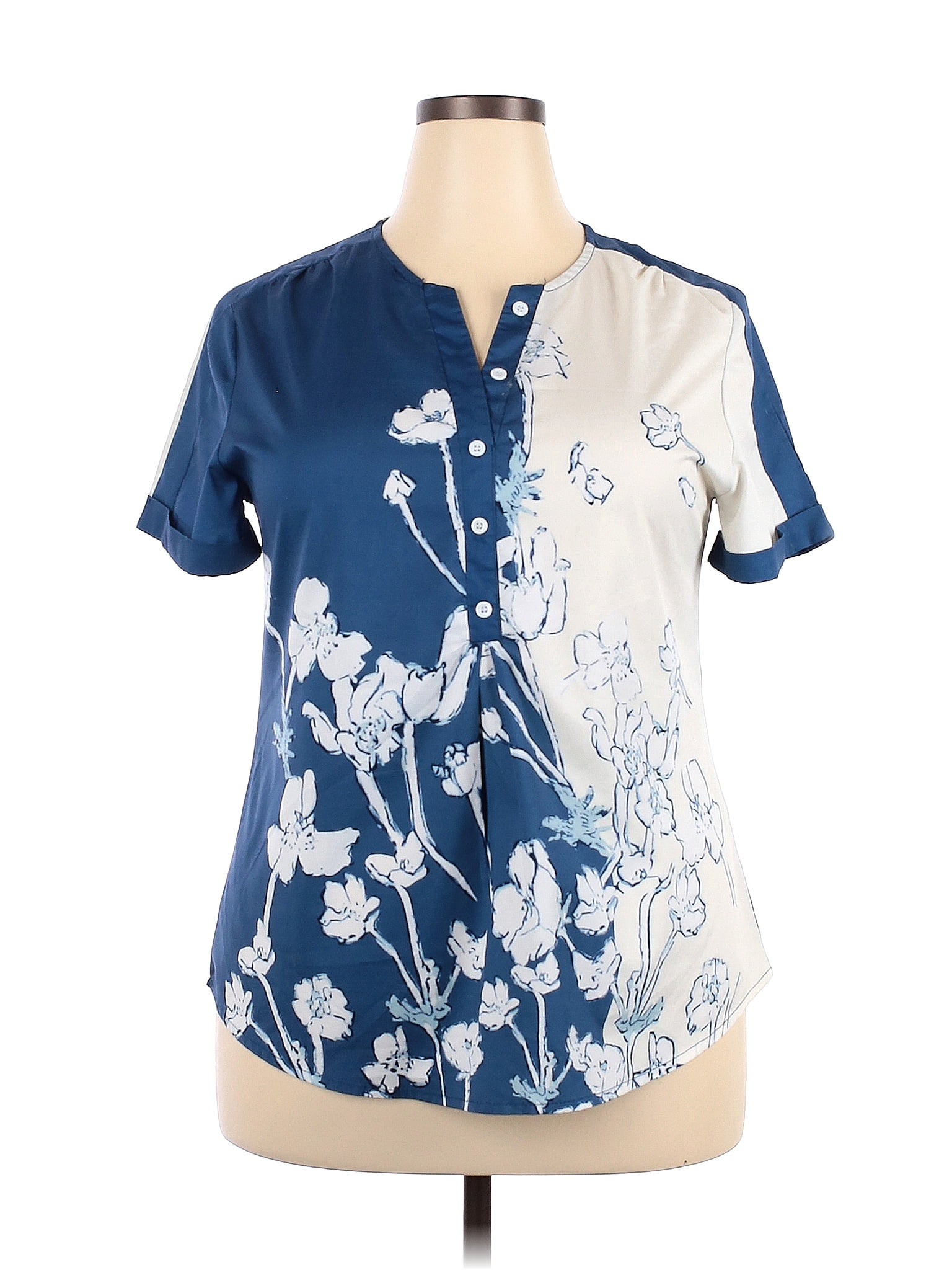 Unbranded Color Block Floral Blue Short Sleeve Blouse Size Xxl 55