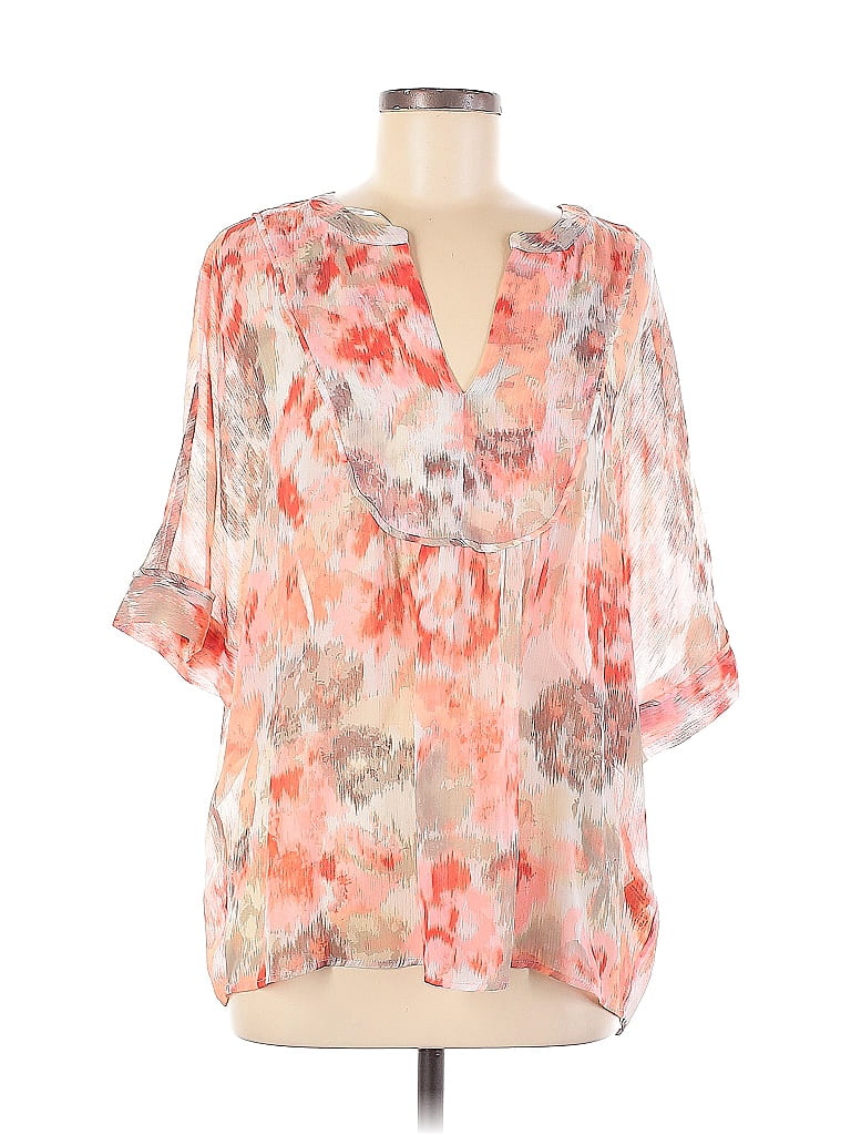 Two By Vince Camuto 100 Polyester Floral Orange Short Sleeve Blouse