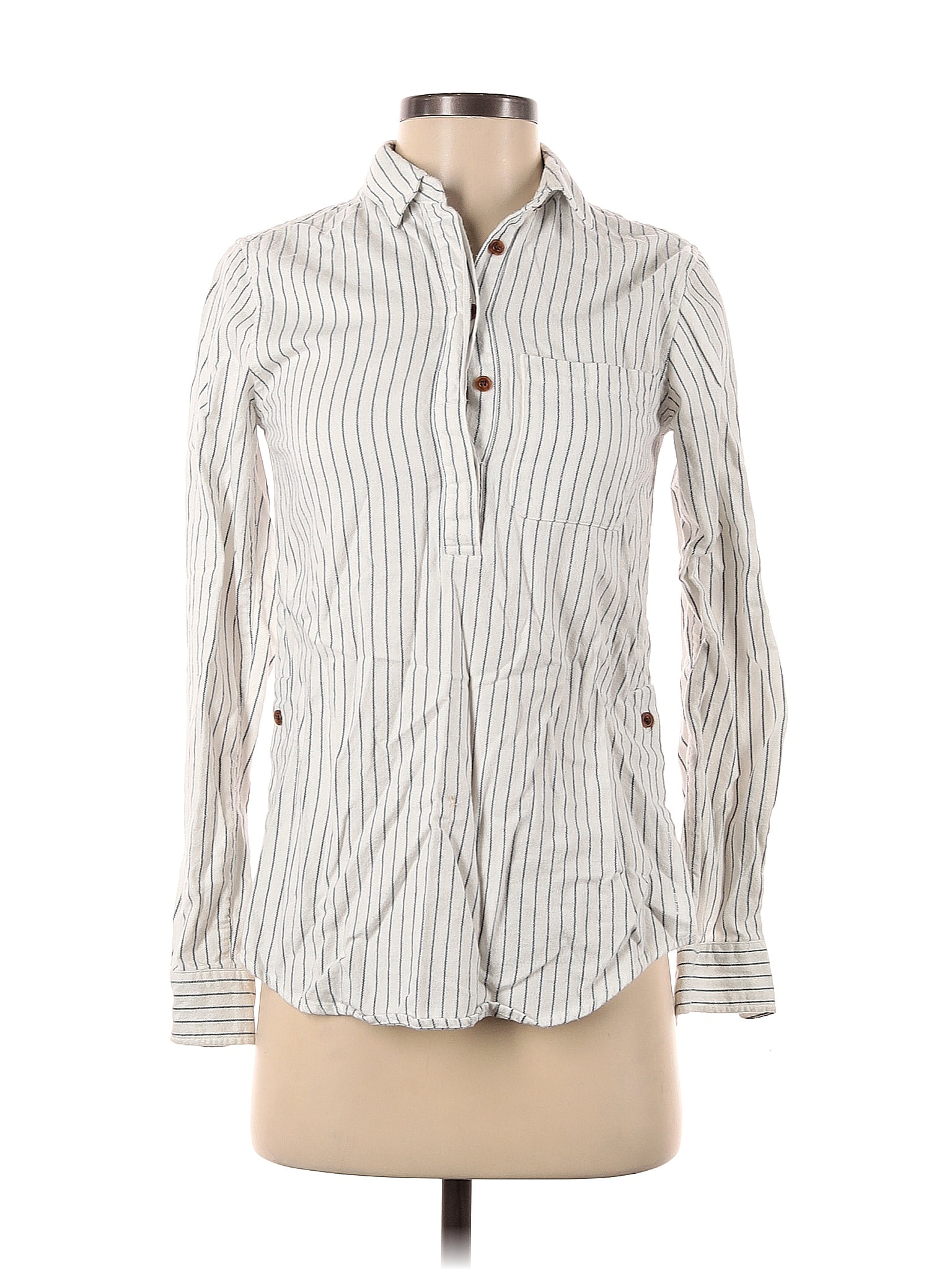 Marine Layer 100 Organic Cotton Stripes White Ivory Long Sleeve Blouse
