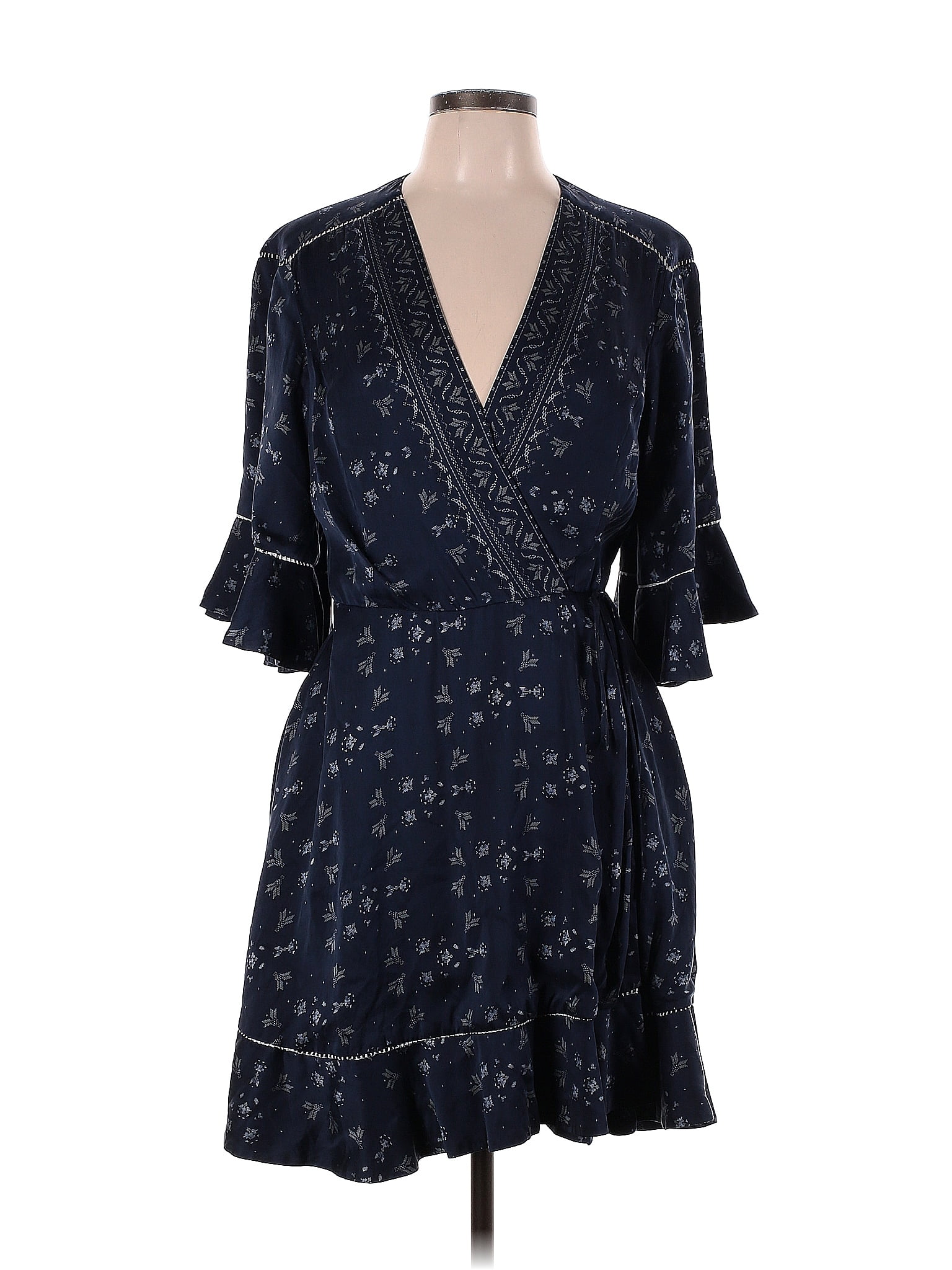 Jonathan Simkhai 100% Silk Floral Navy Blue Cross Stitch Wrap Dress ...