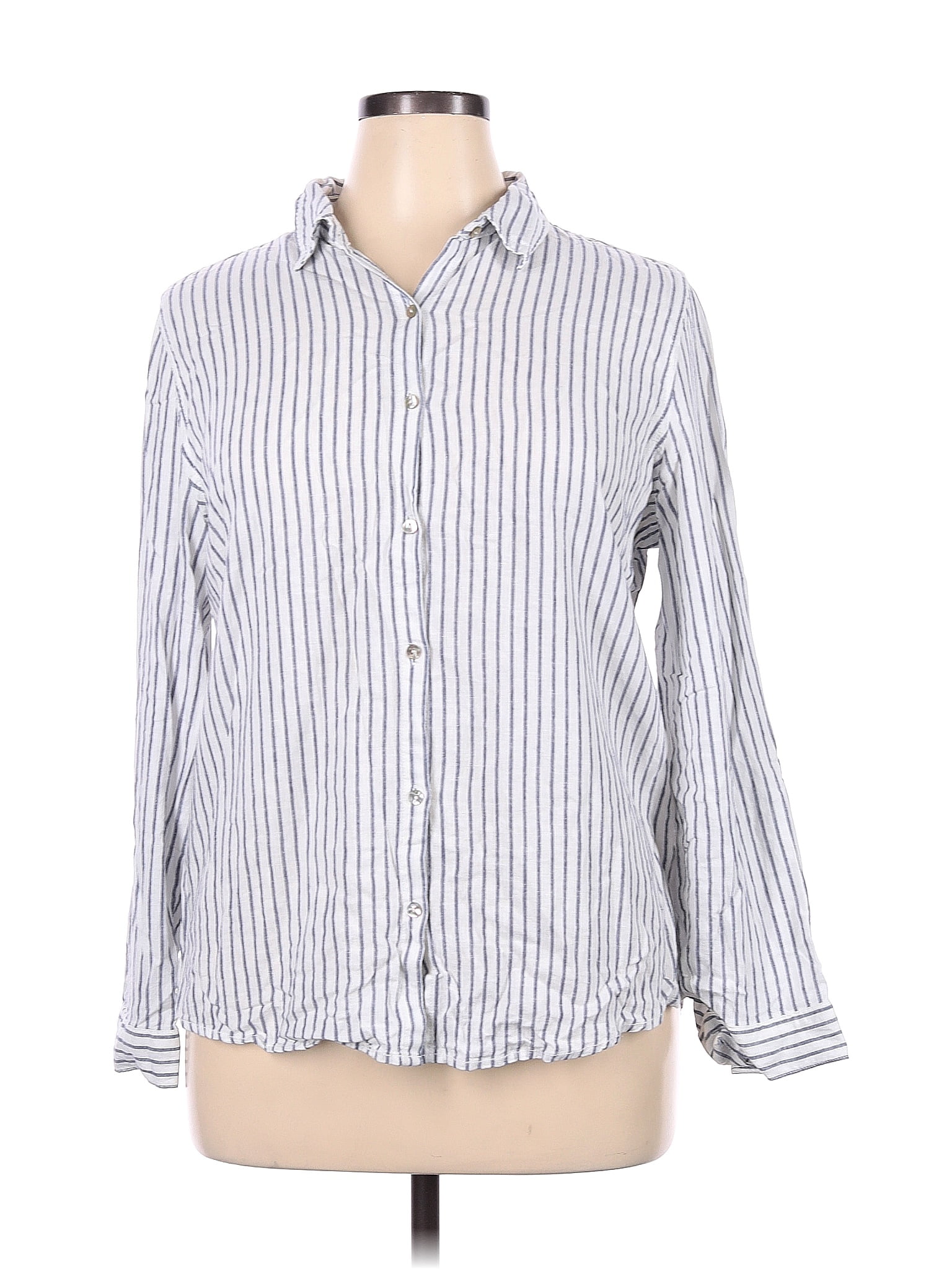 Sigrid Olsen Stripes White Silver Long Sleeve Button Down Shirt Size Xl