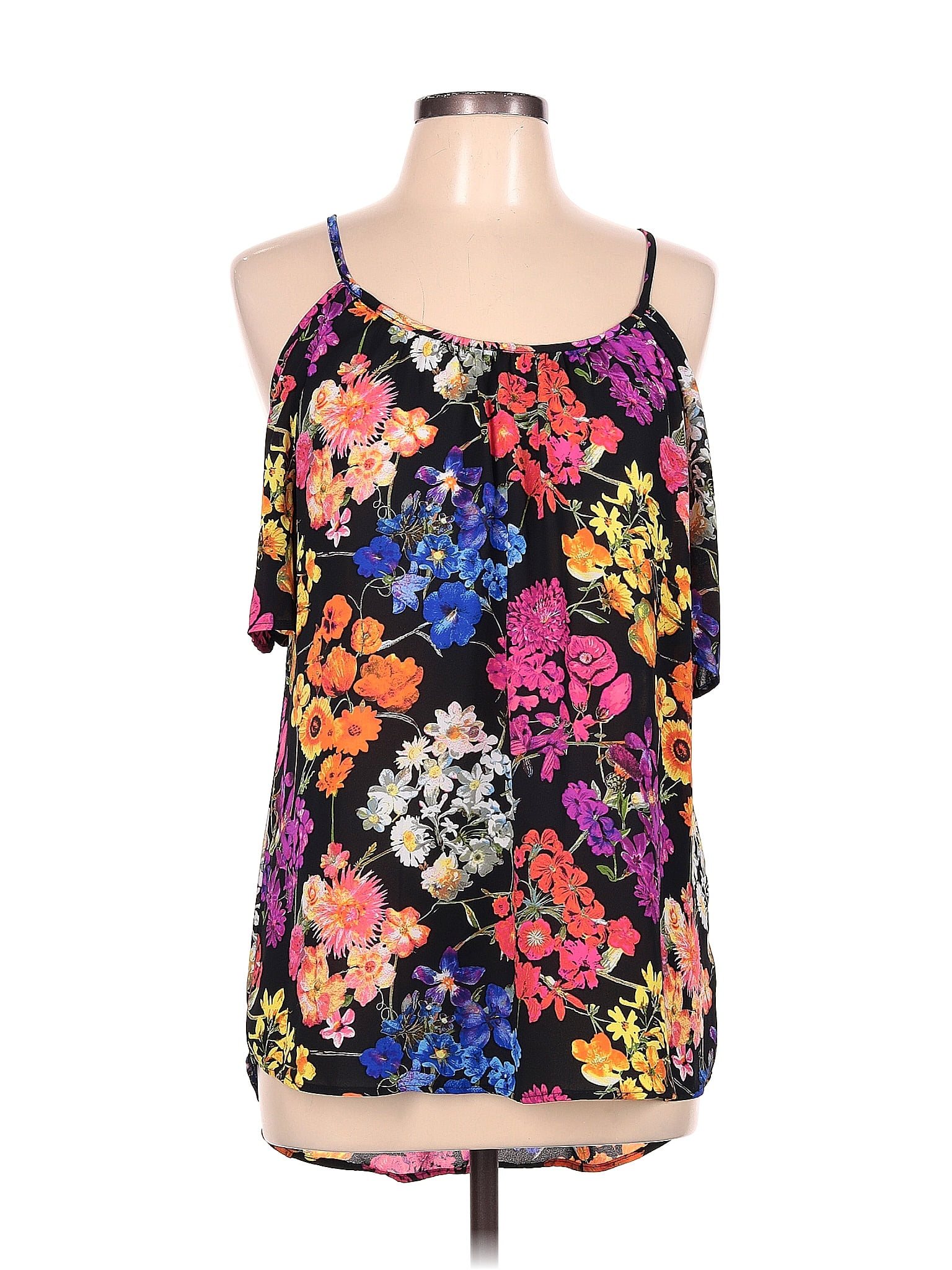 Spense 100% Polyester Floral Multi Color Black Short Sleeve Blouse Size ...