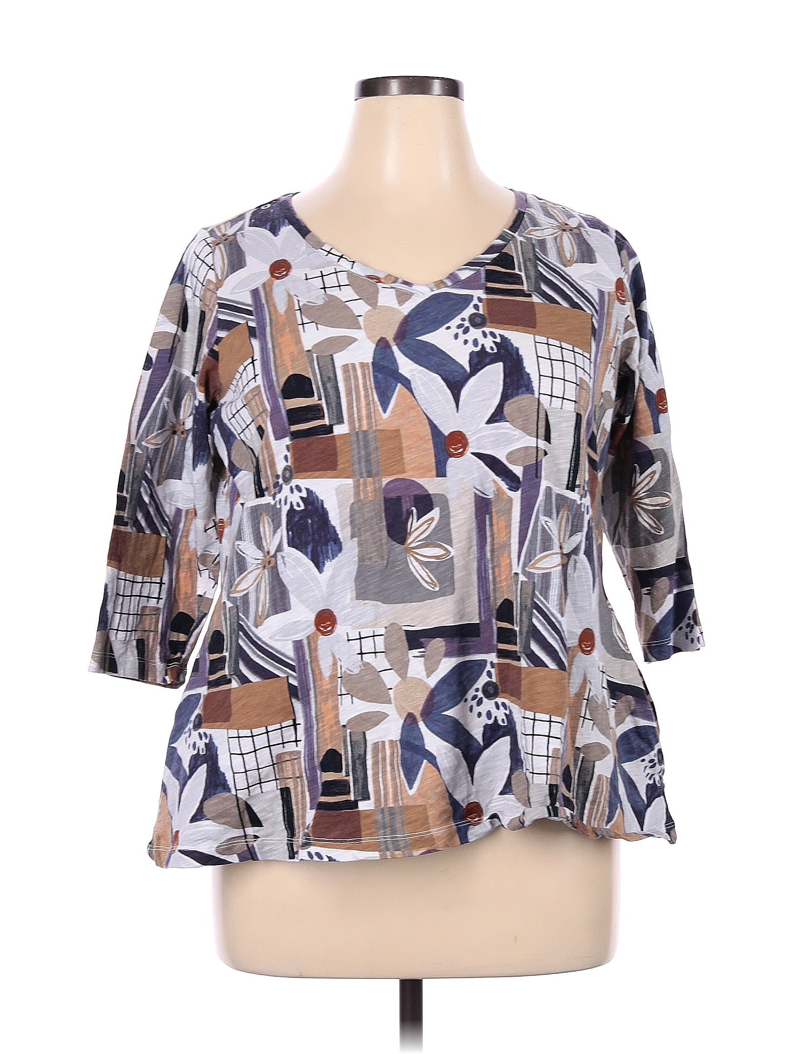 Logo By Lori Goldstein 100 Cotton Multi Color Brown 3 4 Sleeve Blouse