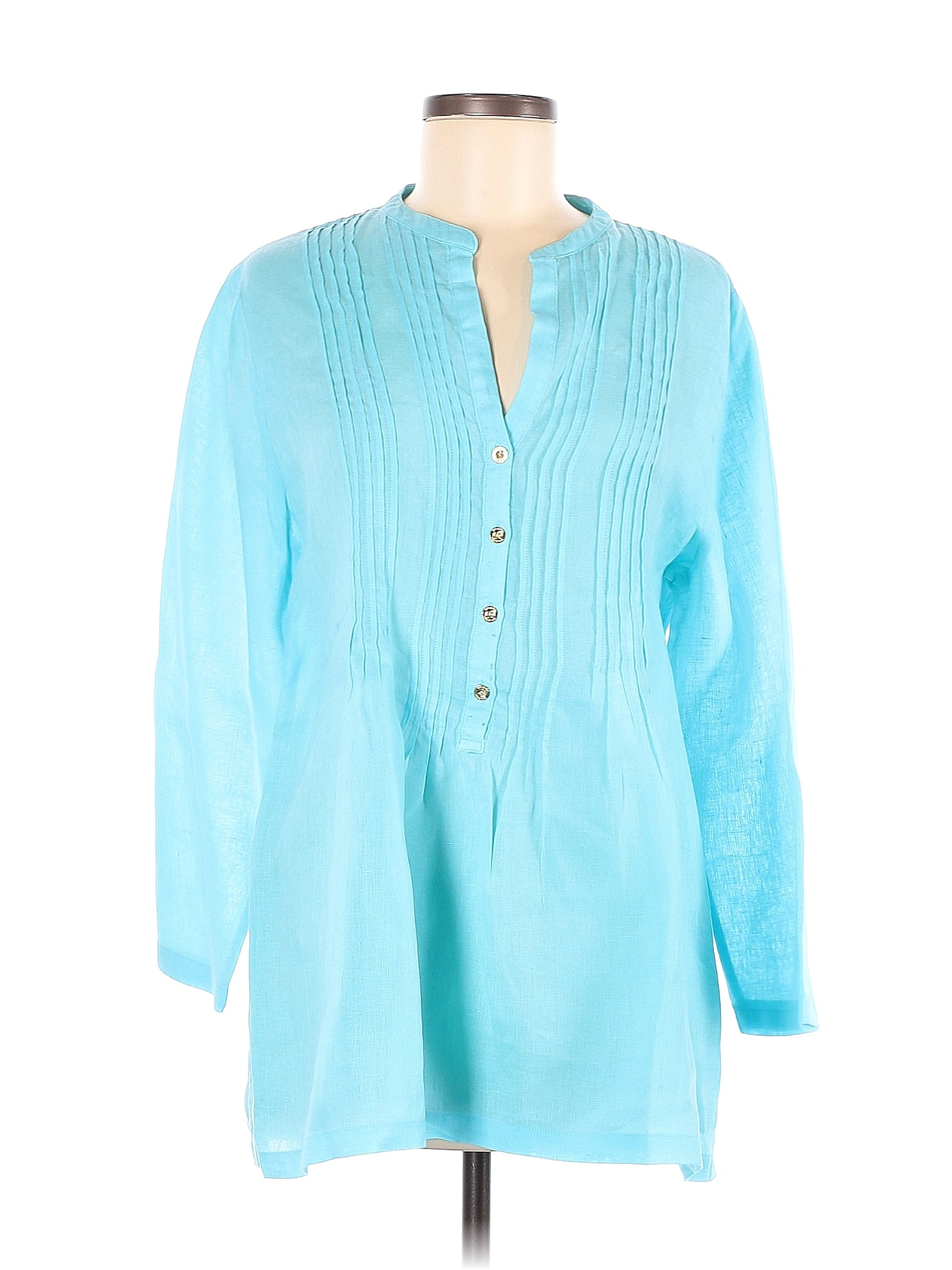 Lilly Pulitzer 100 Linen Solid Blue Long Sleeve Blouse Size M 69